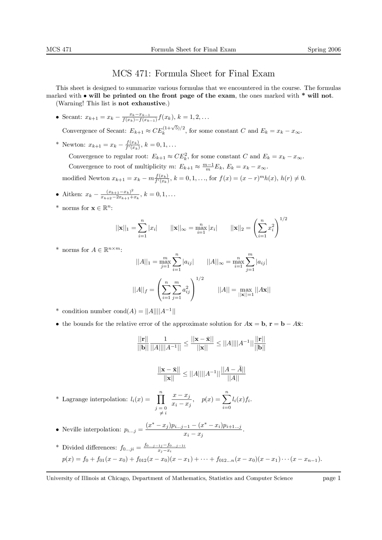 Formula Sheet For Final Exam Numerical Analysis Mcs 471 Docsity