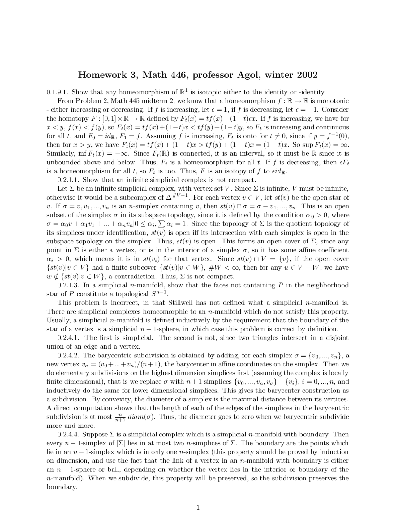 Introduction To Topology I Homework 3 Winter 2002 Math 445 Docsity