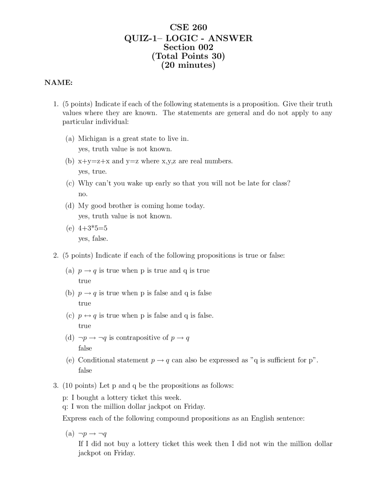 CSE 260 Quiz 1 Logic Answers and Compound Propositions - Prof. Sakti ...