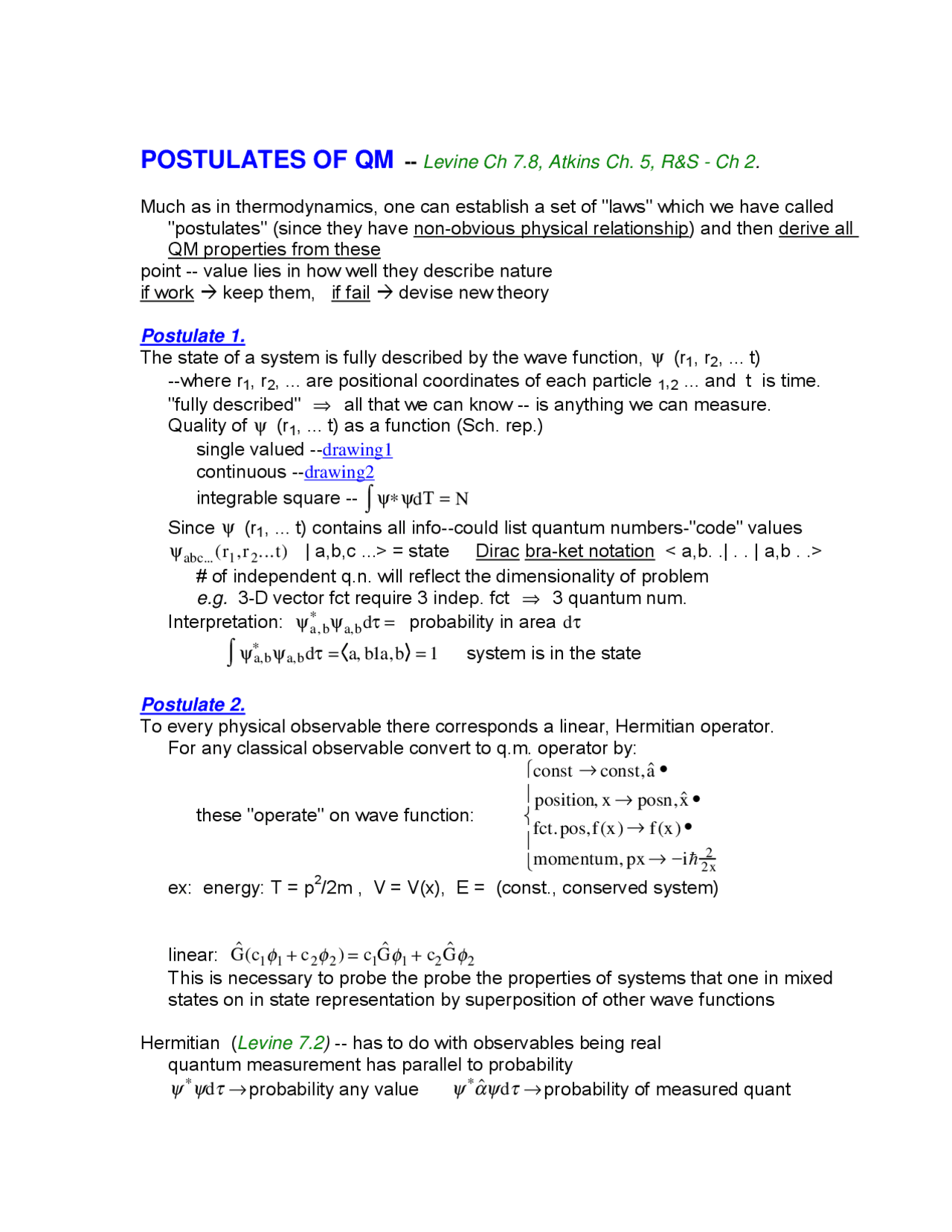 Postulates of QM - Quantum Mechanics | CHEM 542 - Docsity