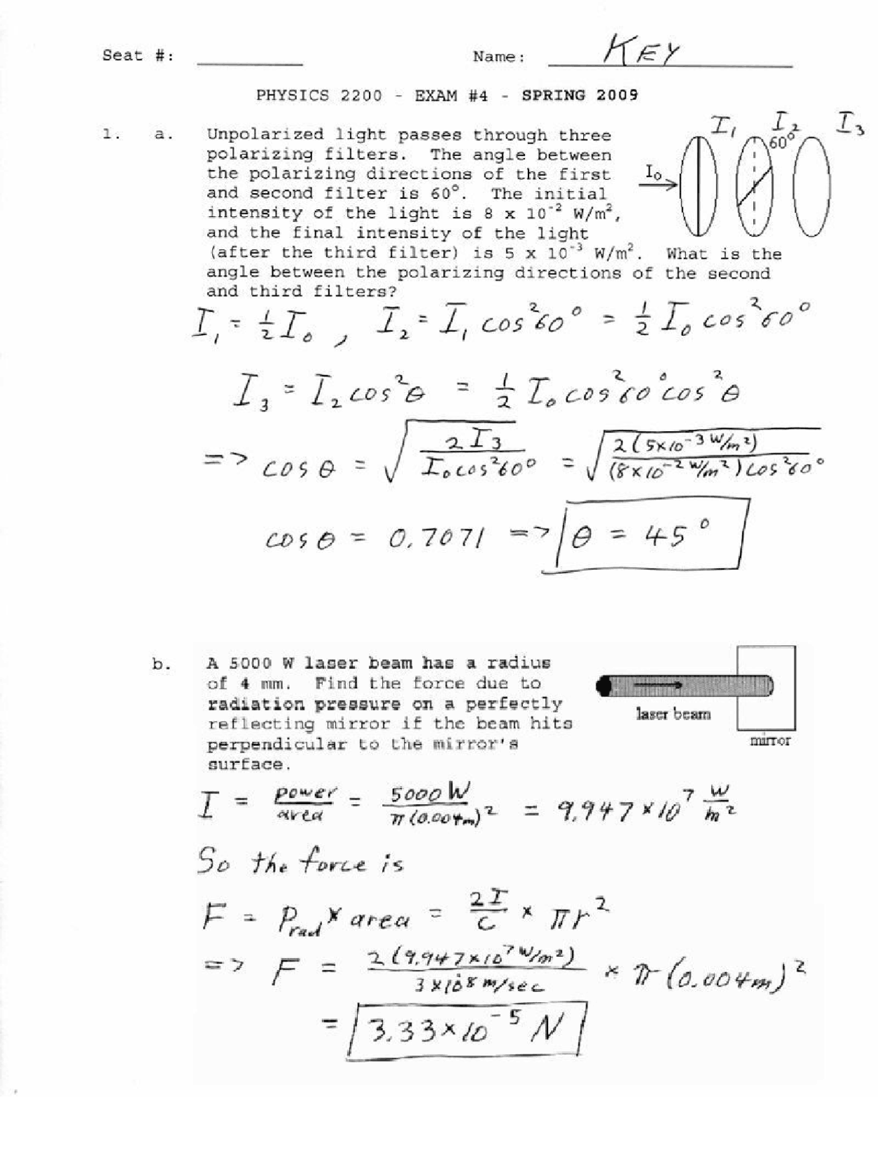 Exam 4 Solution Key Physics For Scientists And Engineers Phys 2210