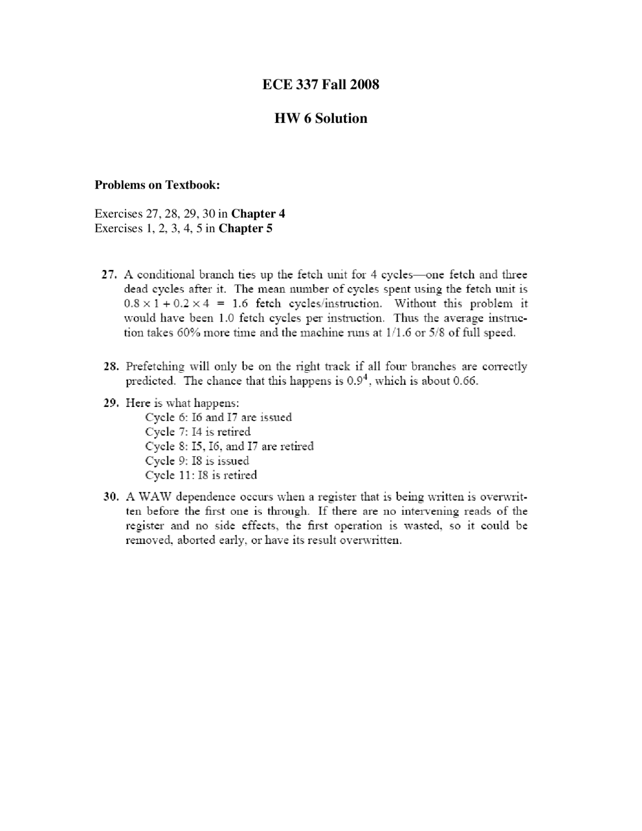 Computer Architecture And Organization Homework 6 Solutions Ece 337