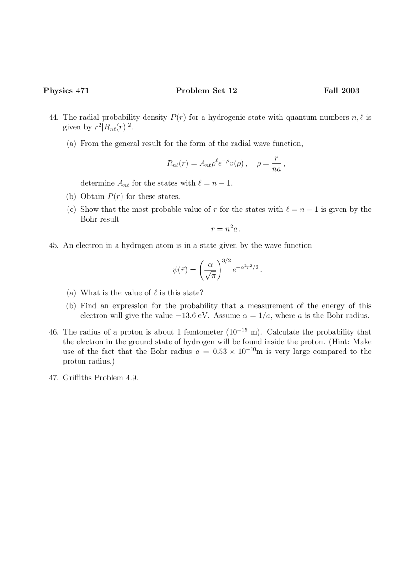 Practice Questions on Quantum Physics I - Problem Set 12 | PHY 471 - Docsity