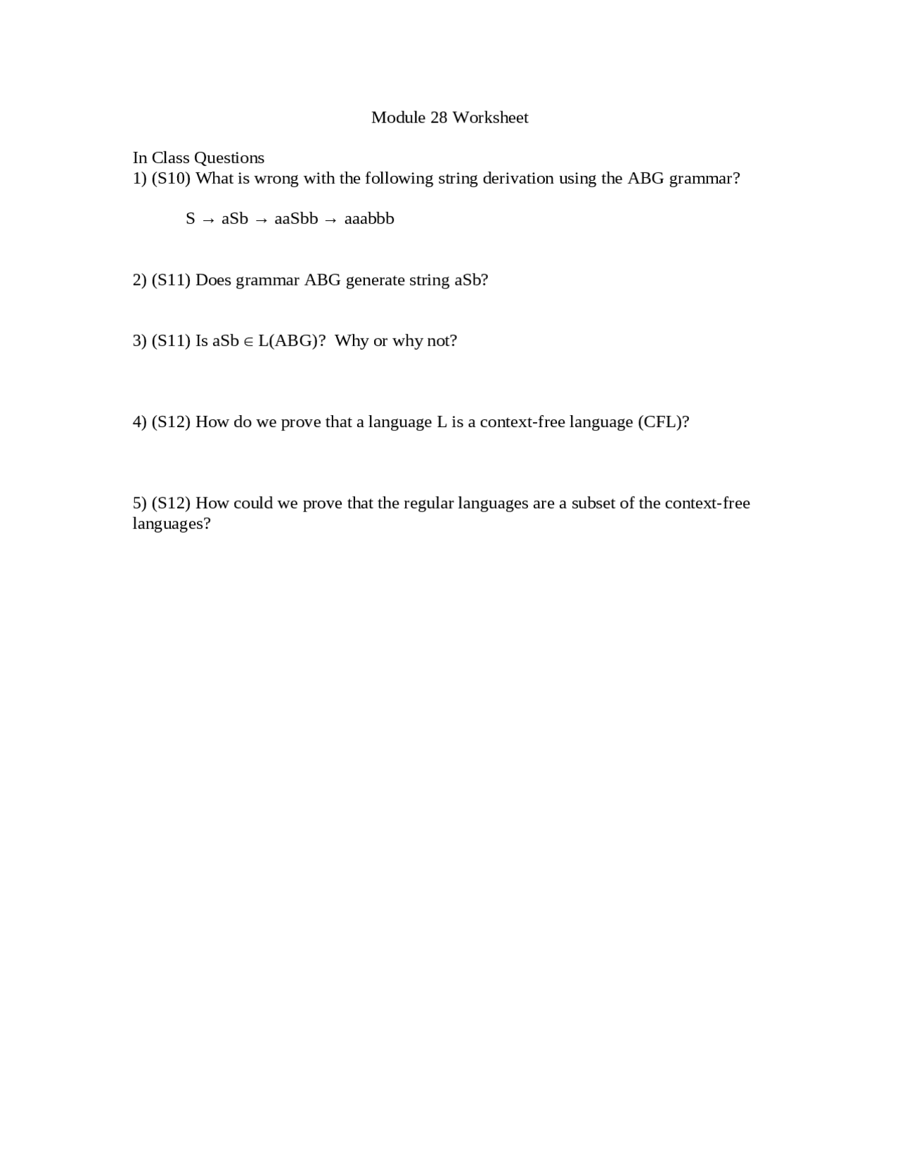 Module 28 Worksheet Computability And Languages Cse 460 Docsity