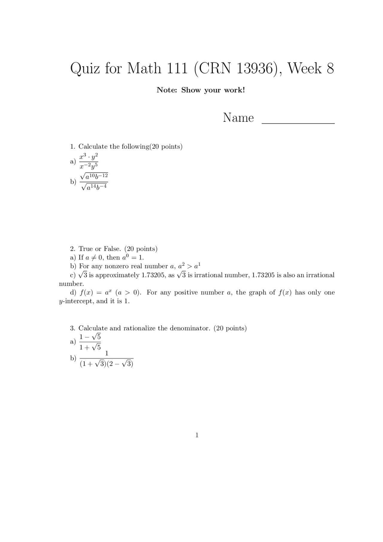 Math 111 Week 8 Quiz: Calculations, True or False, and Exponential ...