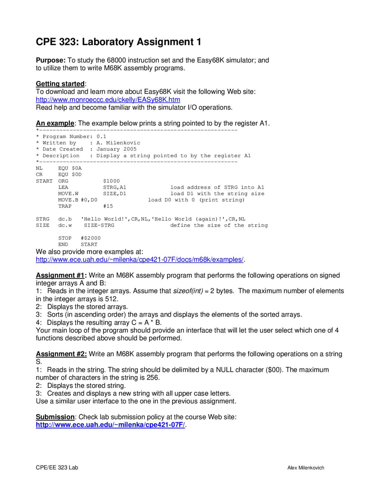 Laboratory Assignment 1 Embedded Computer Systems Cpe 323 Docsity