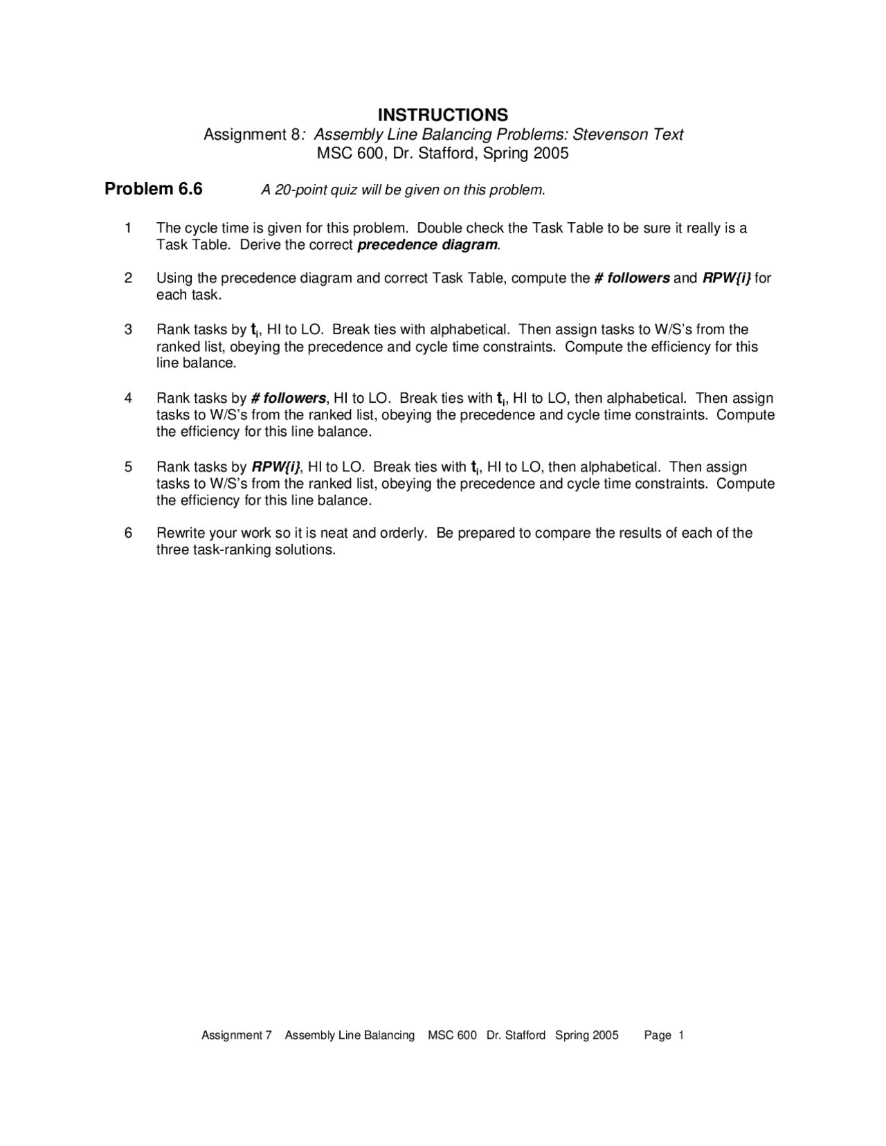 Assignment 8: Assembly Line Balancing Problems: Stevenson Text | MSC 600 - Docsity