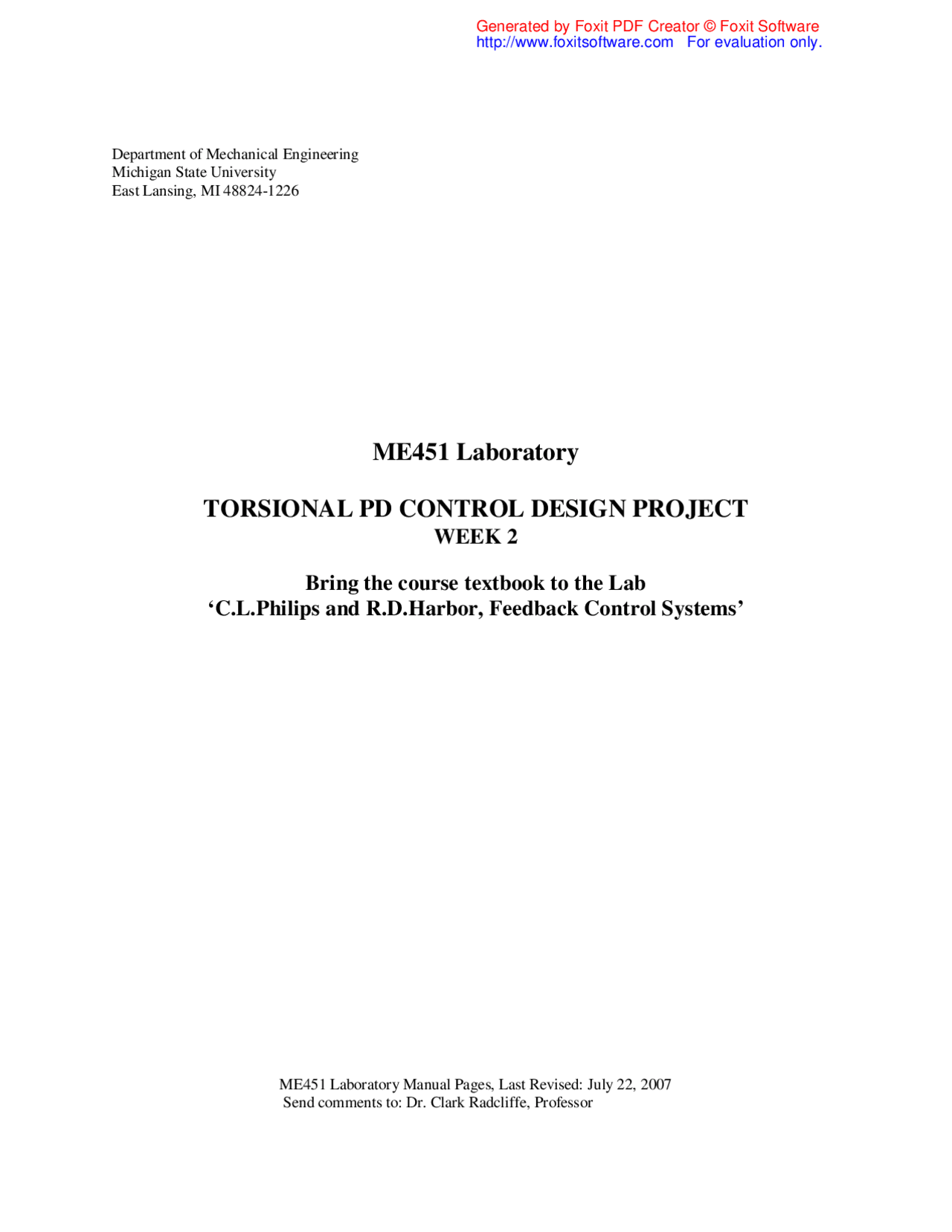 Torsional Pd Control Design Project Control Systems Me 451 Docsity