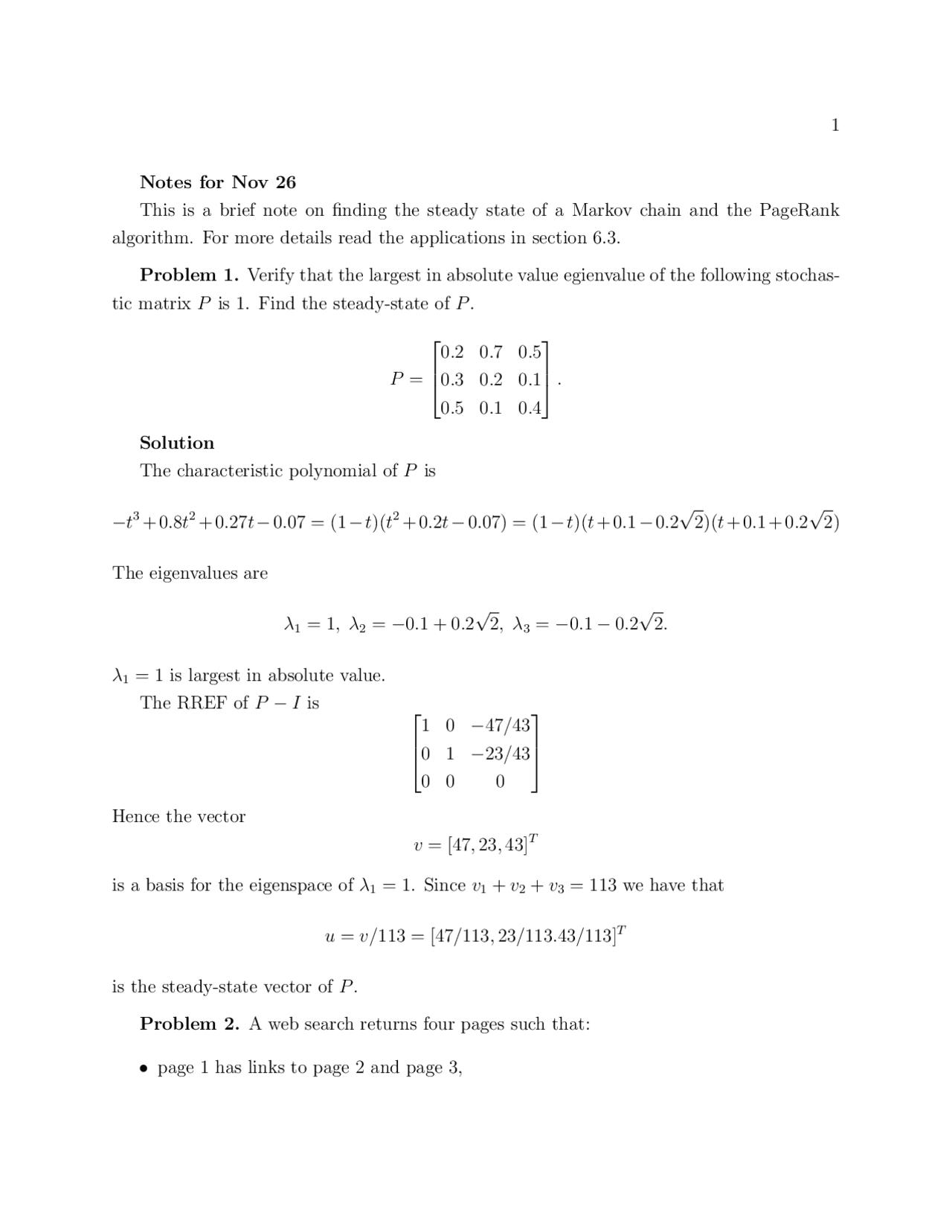 Steady State of Markov Chains and PageRank Algorithm | Study notes ...