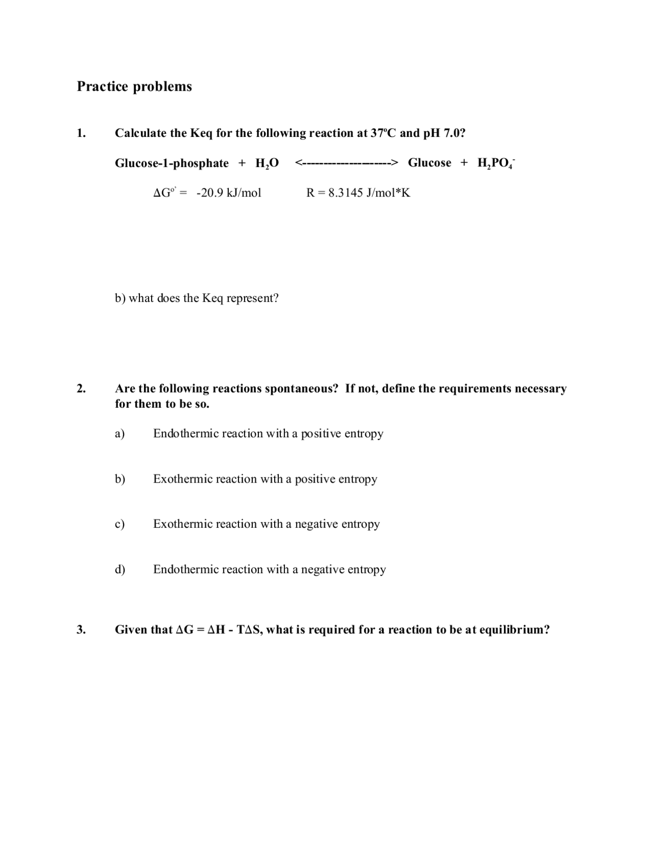 Practice Problems For Biochemistry I Chem 3070 Docsity