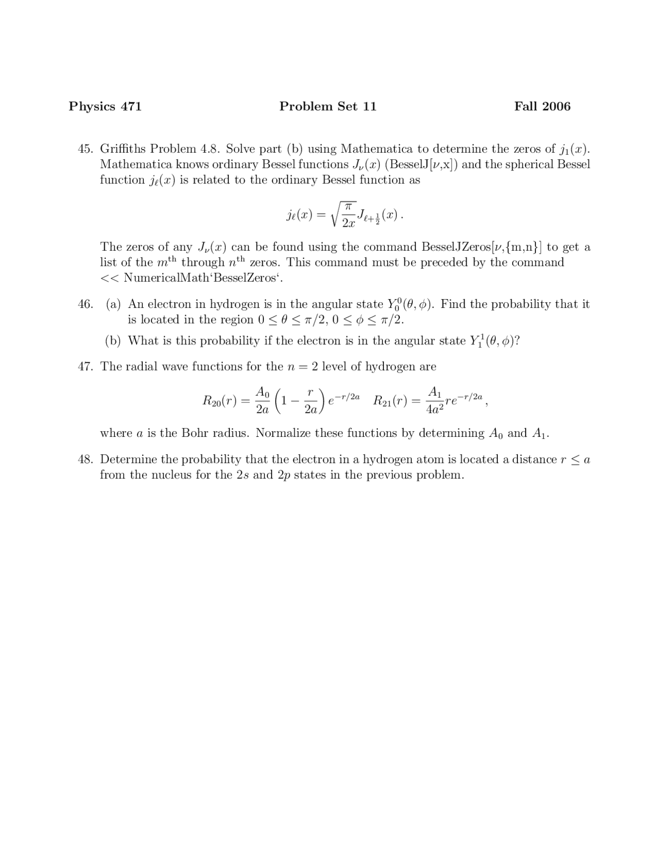 Problems Set 11 Quantum Physics I Phy 471 Docsity