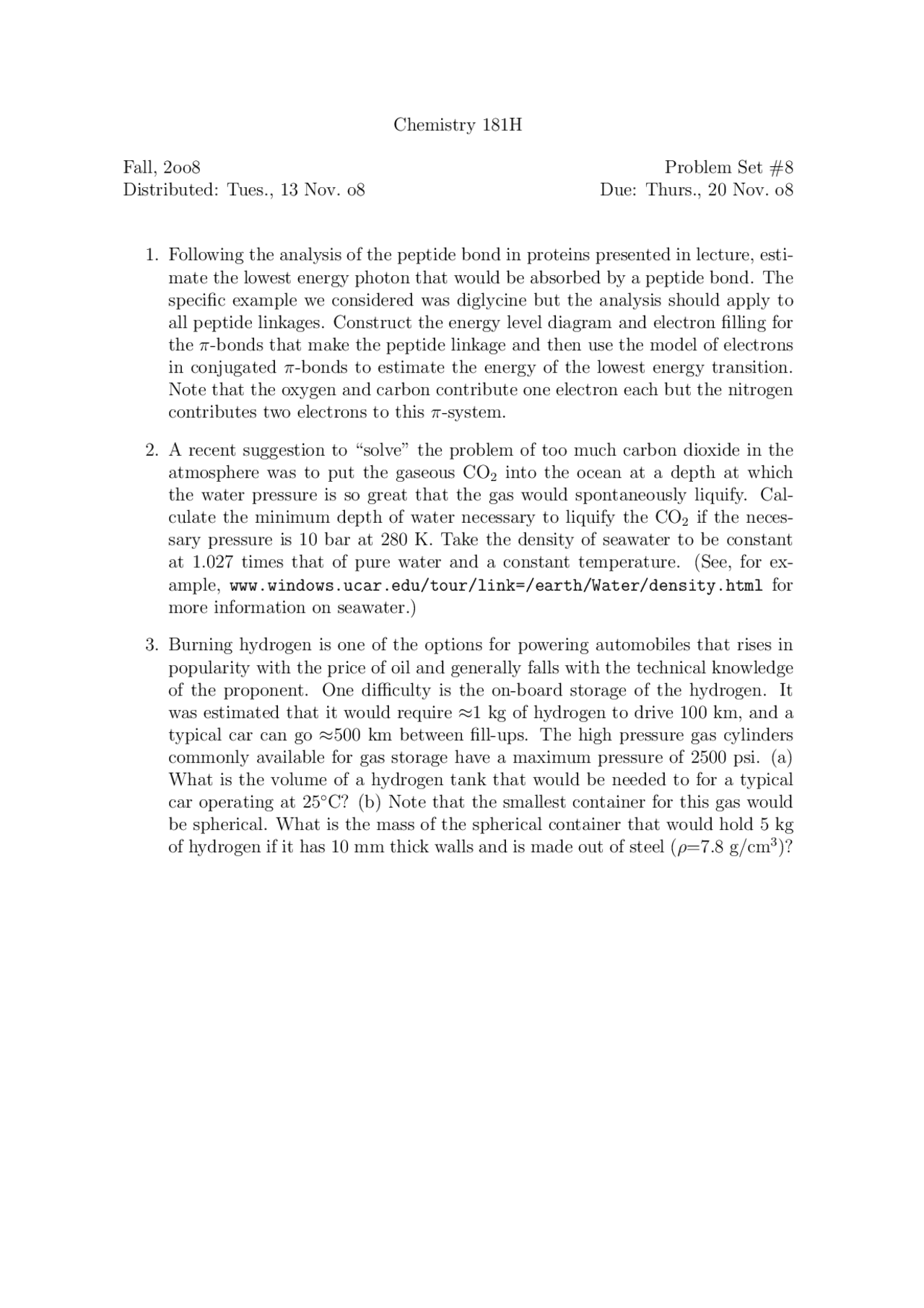 Problem Set 8 With 3 Practice Problems On Honors Chemistry I Cem 181h
