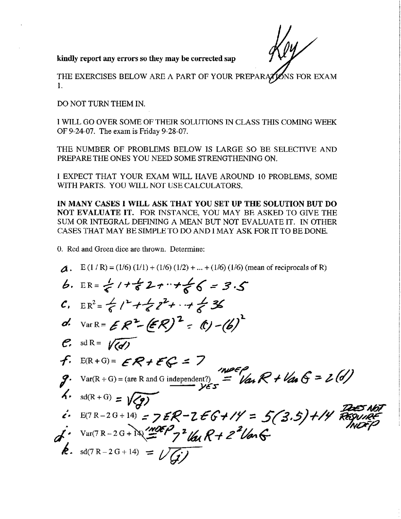 Exam 1 with Solution Key - Probability and Statistics Engineering | STT 351 - Docsity