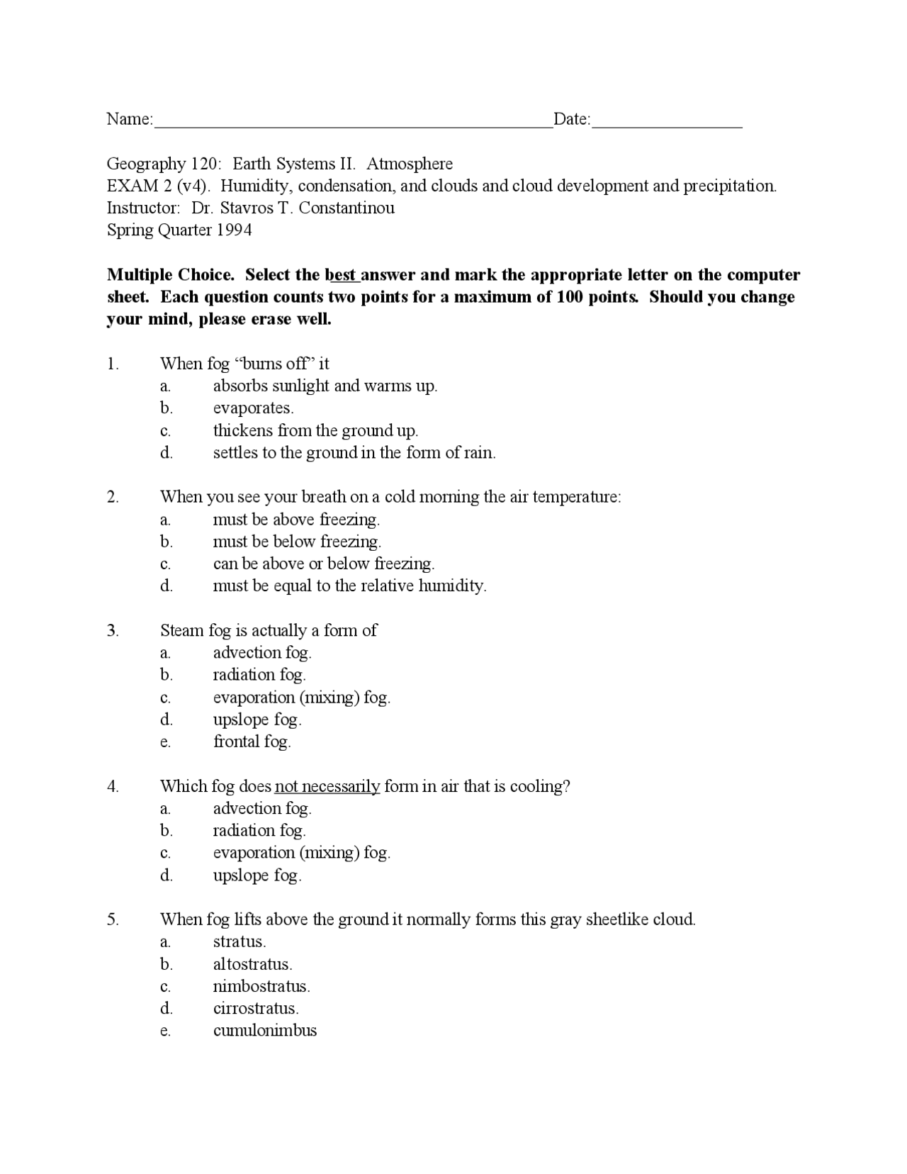 50 Multiple Choice Questions Of Atmospheric Environment Exam 2 Geog