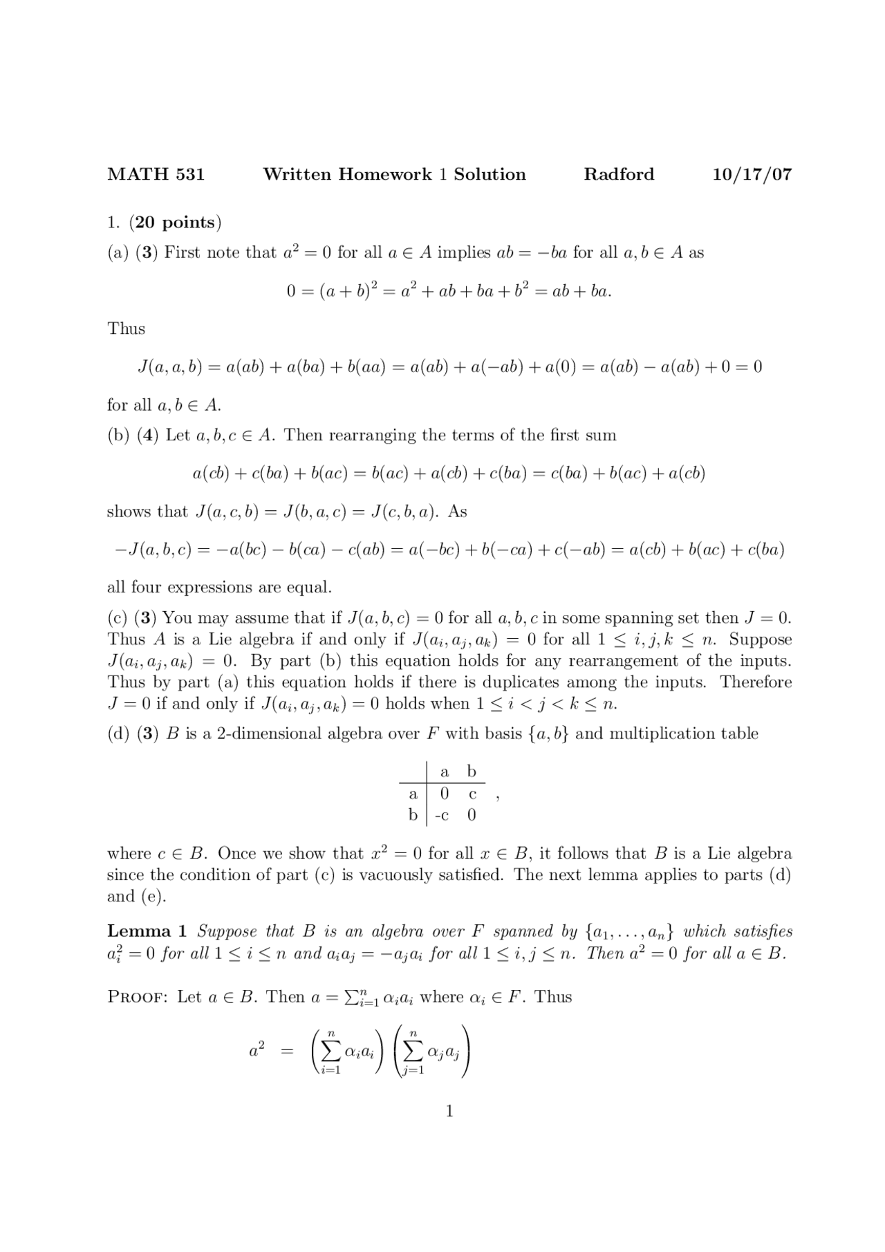 Homework 1 On Advanced Topics In Algebra With Answers Math 531 Docsity