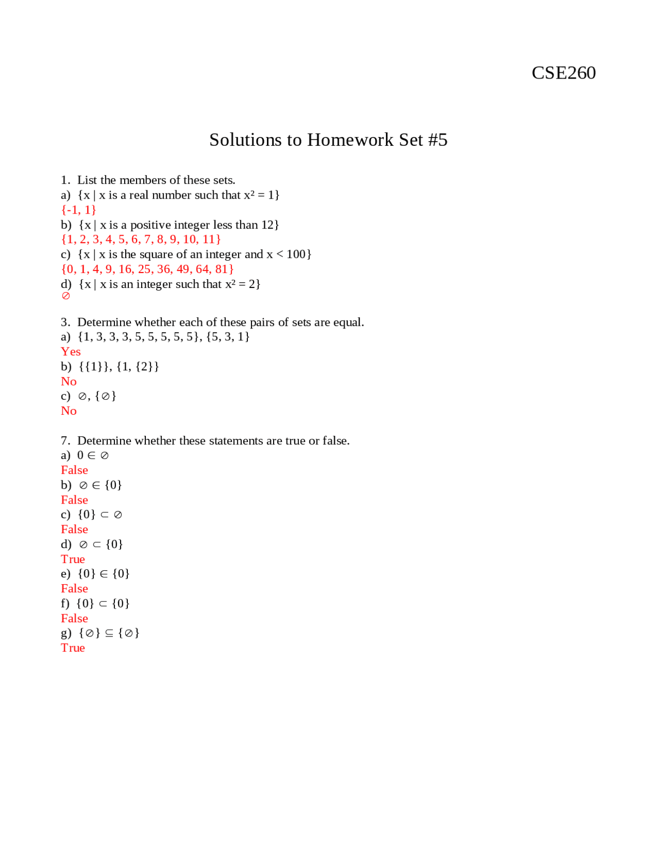 Solutions To Homework Set 5 Discrete Structures Computer Science Cse 260 Docsity