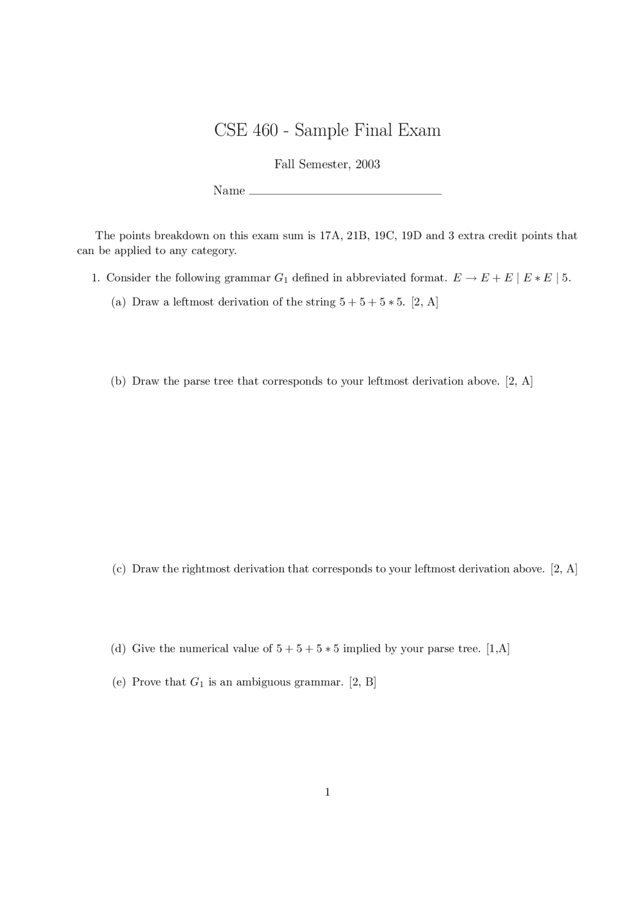Sample Final Exam With 19 Questions Computability And Languages Cse