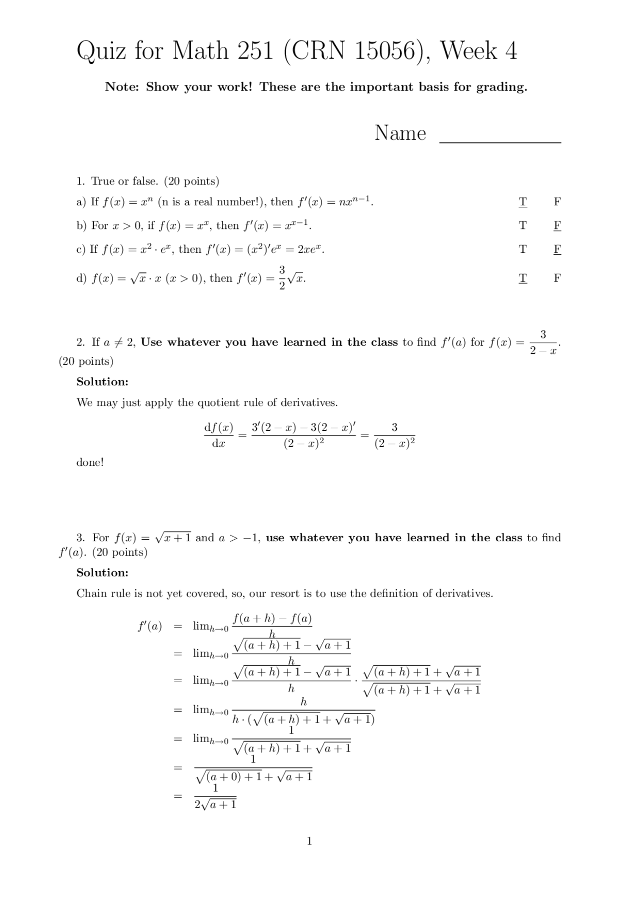 Quiz With Solution Calculus I Math 251 Docsity