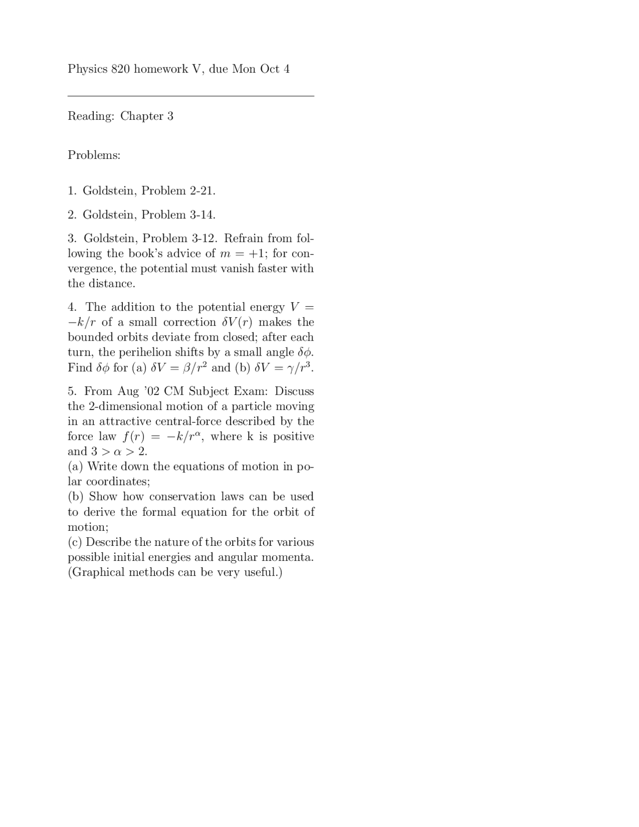 Classical Mechanics - Homework V Practice Problems | PHY 820 - Docsity