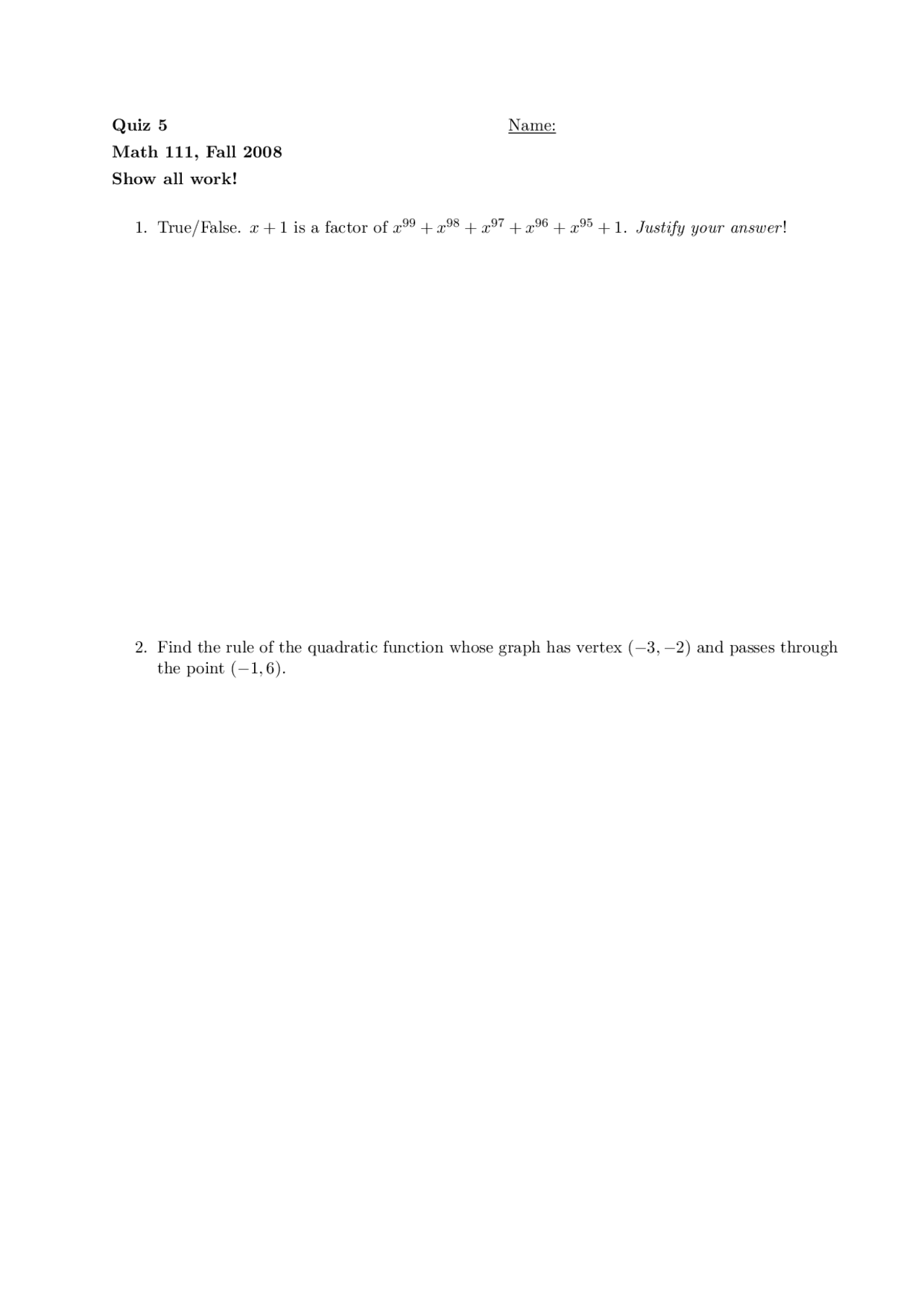 Practice Problems for Quiz 5 - College Algebra | MATH 111 - Docsity