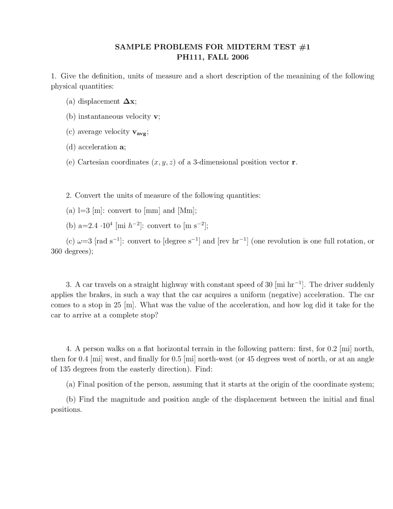 Midterm 2 Practice Problems General Physics With Calculus I Ph 111