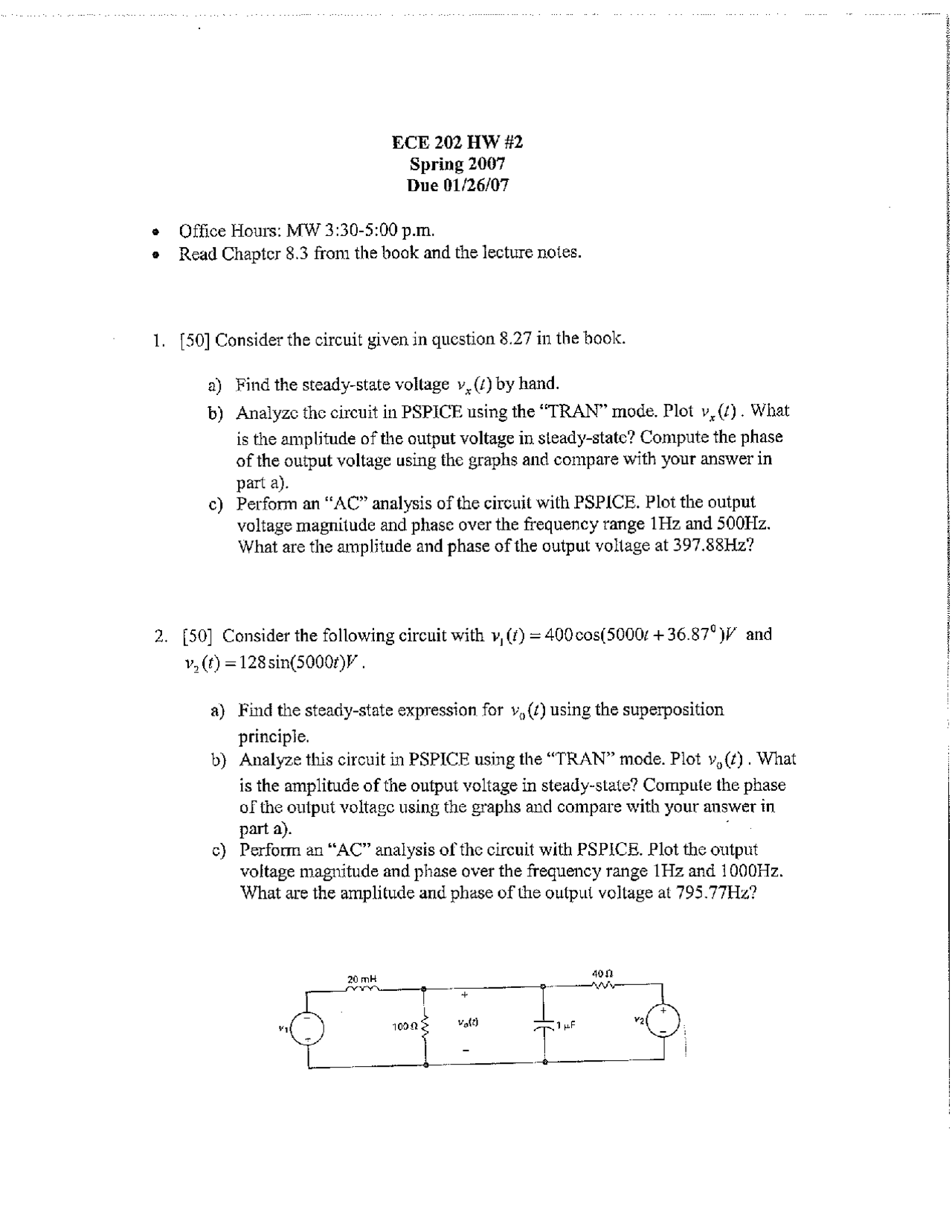 Homework 2 With 2 Practice Problems On Circuits And Systems Ii Ece 202 Docsity