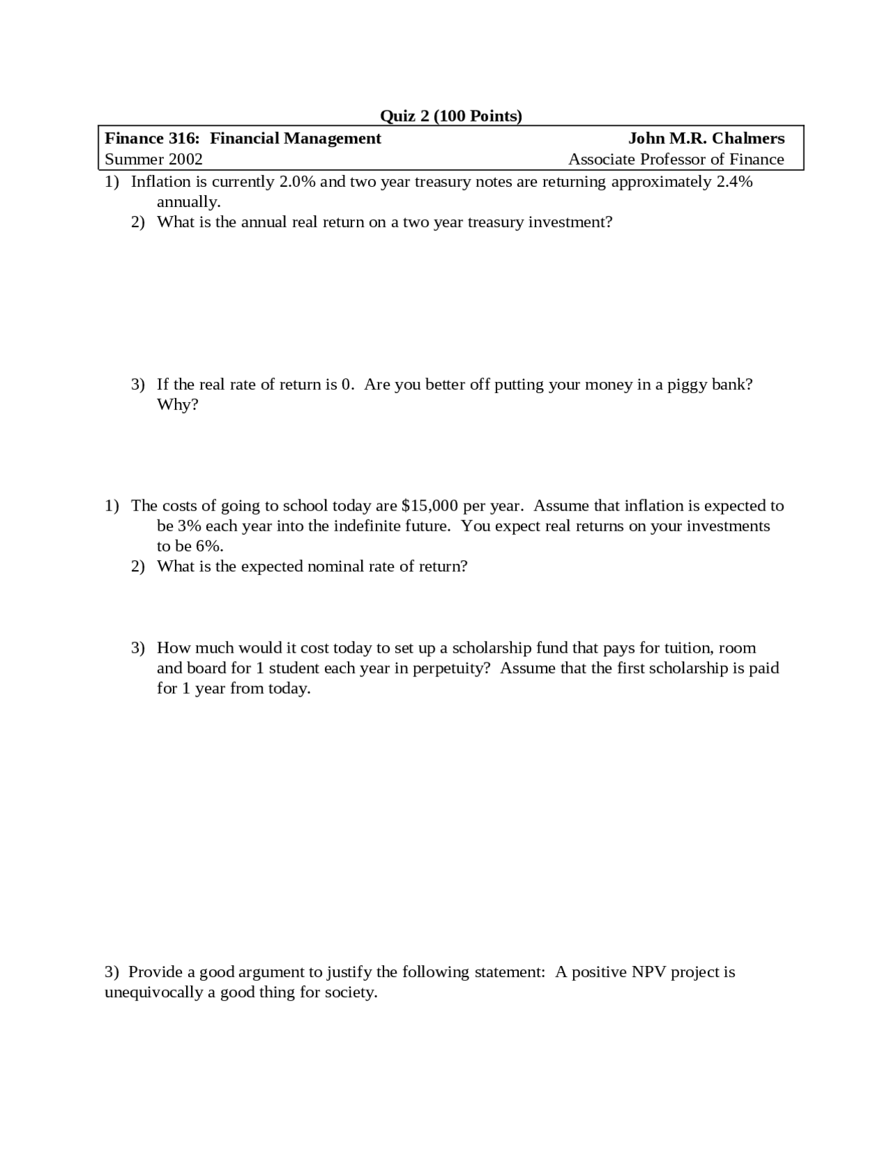 Financial Management Quiz To Solve Fin 316 Docsity