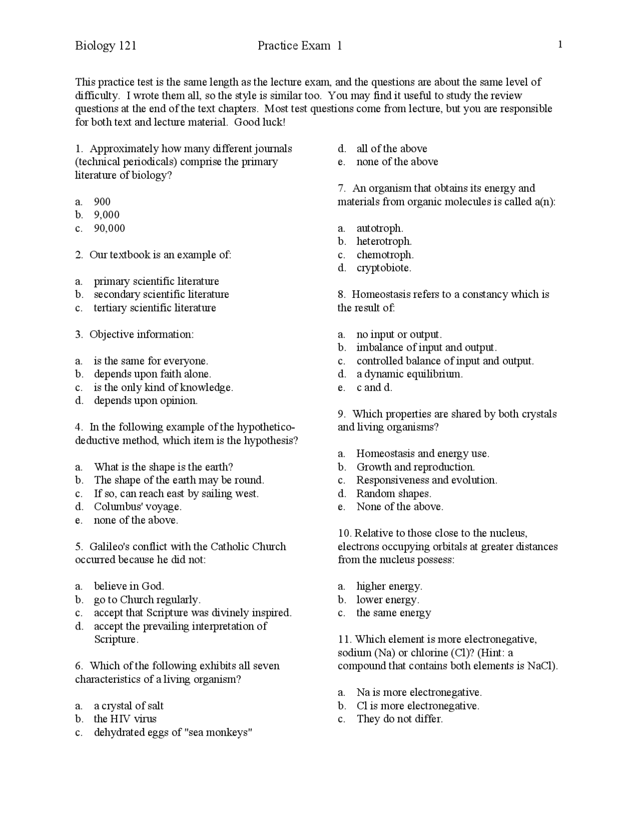 Practice Examination I on General Biology | BIO 121 - Docsity