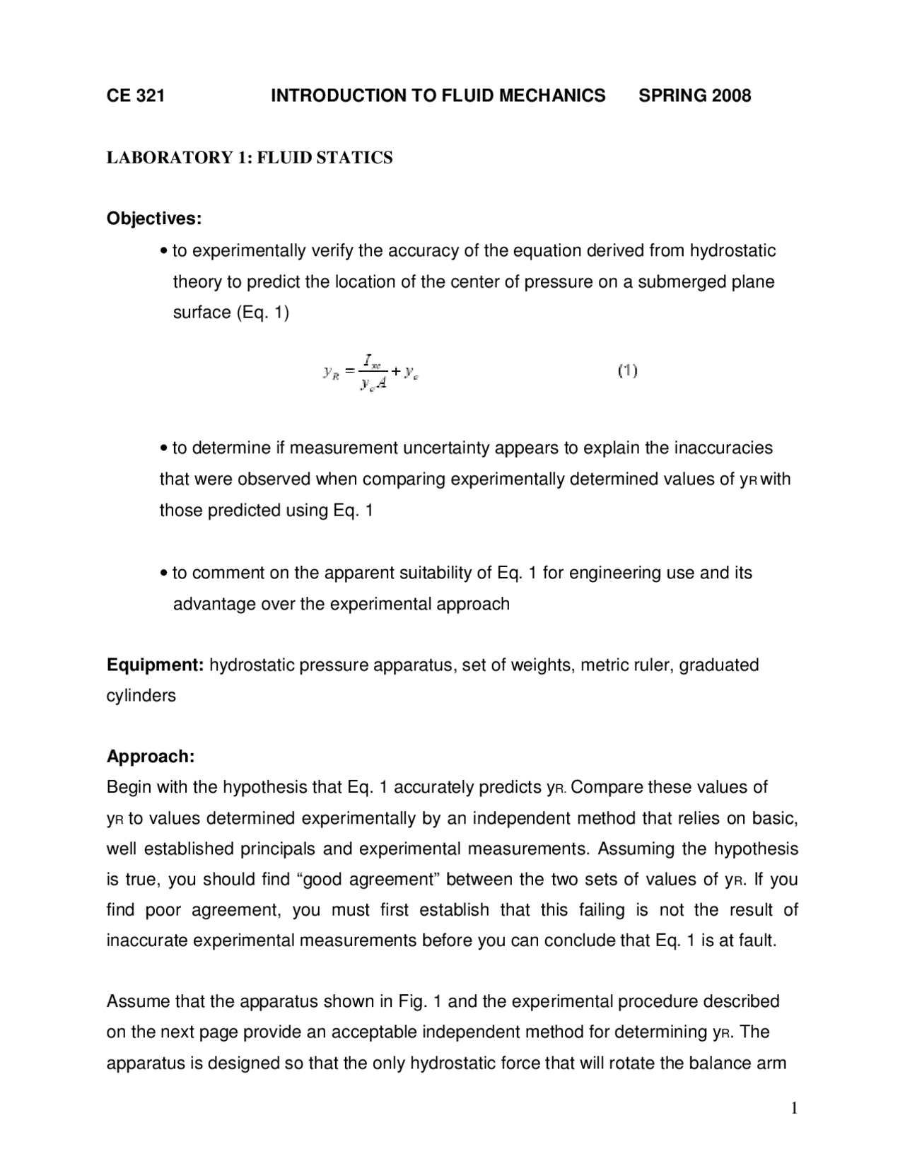 Fluid Statics - Introduction to Fluid Mechanic - Lab #1 | CE 321 - Docsity