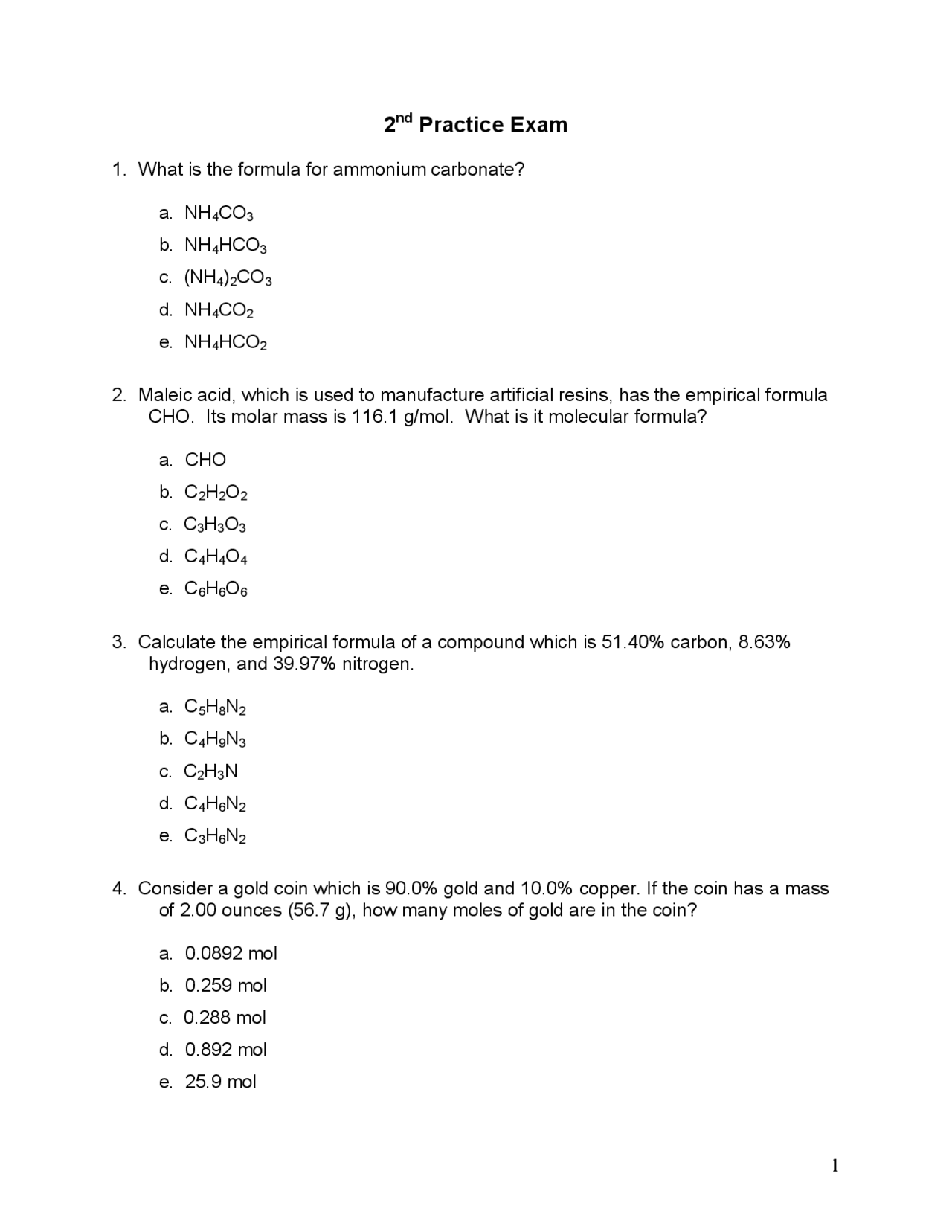 Practice Exam 2 - General Chemistry I | CH 121 - Docsity