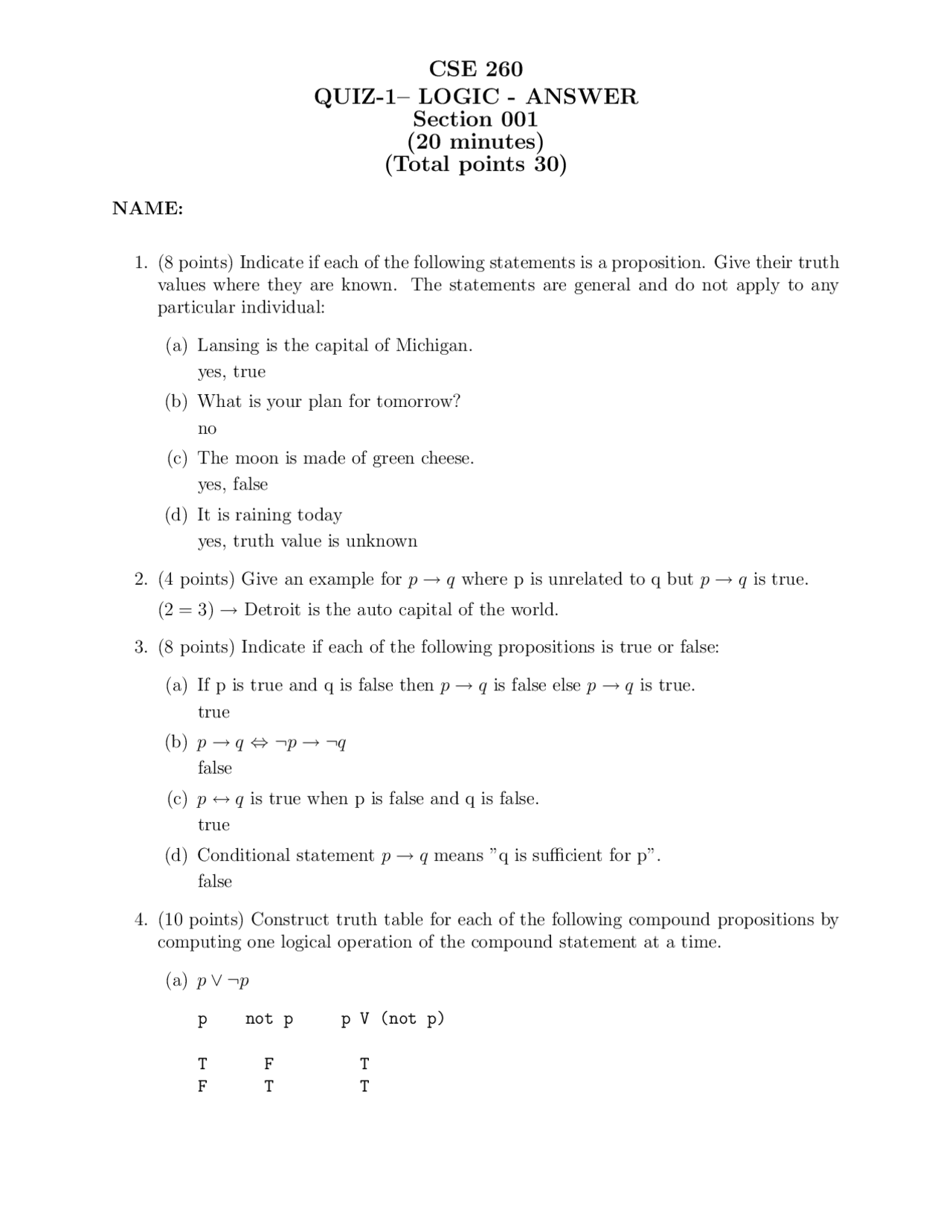 Quiz On Logic Discrete Structures Computer Science Cse 260 Docsity