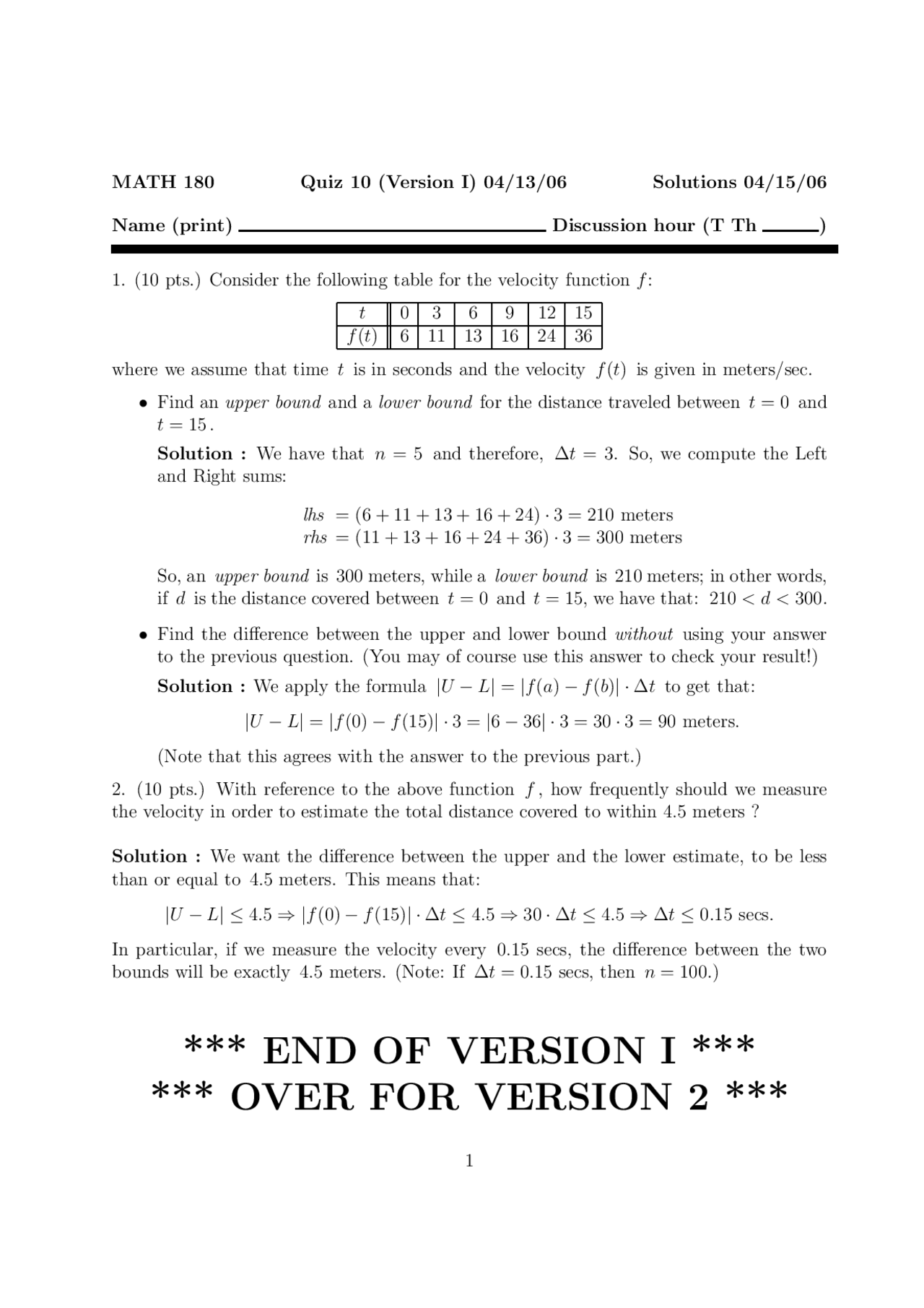 Quiz 10 With Resolution Calculus I Fall 2006 Math 180 Docsity