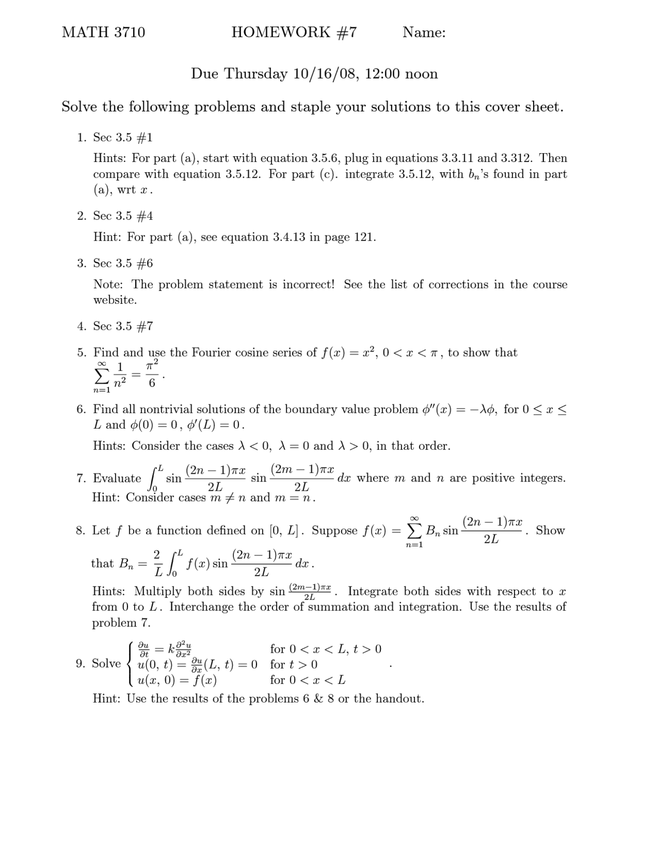 Homework 7 Questions Boundary Value Problems Fall 2008 Math 3710