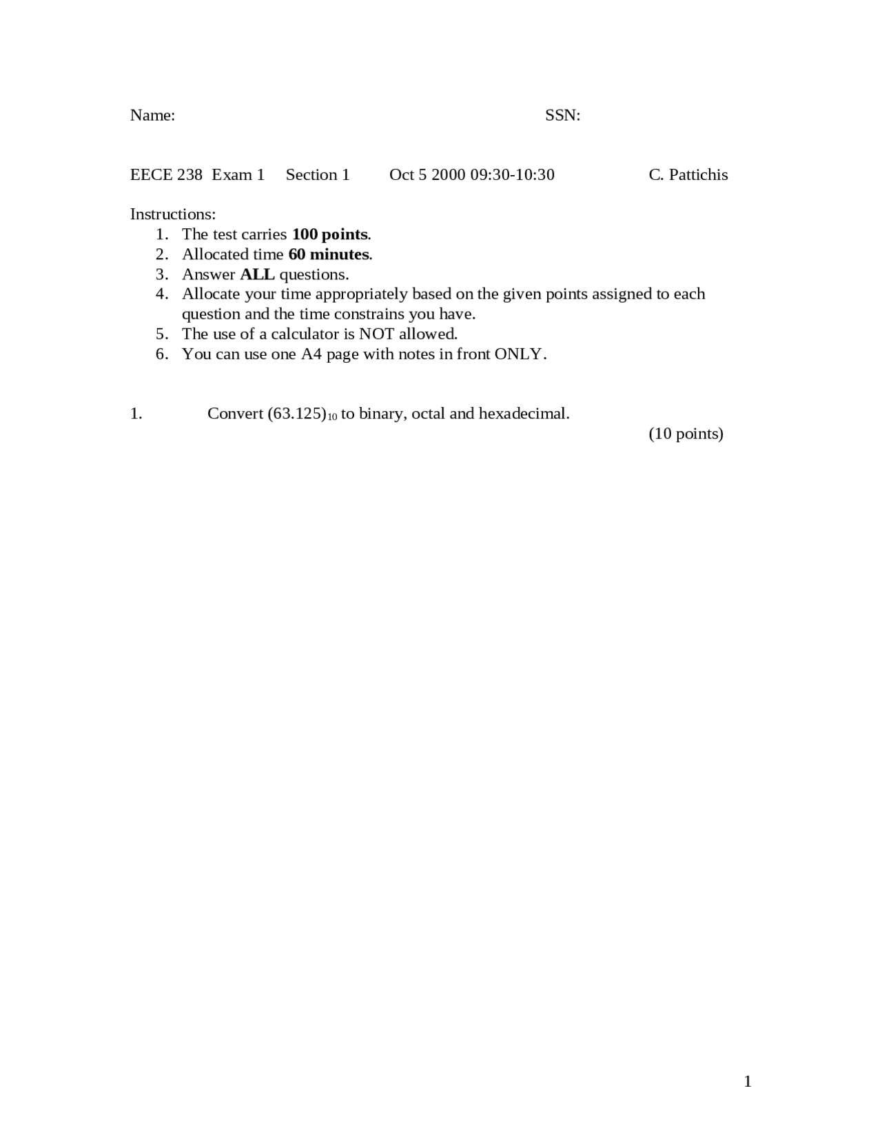 7 Questions For Exam 1 Computer Logic Design Ece 238l Docsity