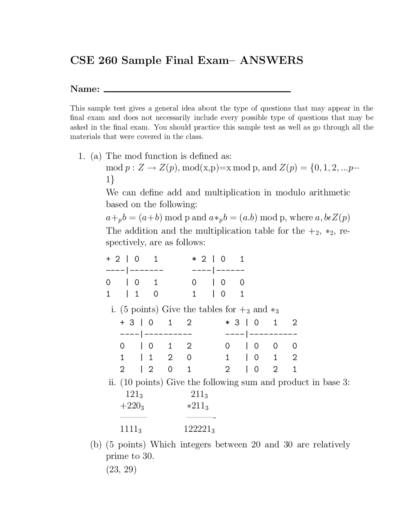 Sample Final Exam With Answers For Discrete Structures Computer Science Cse 260 Exams