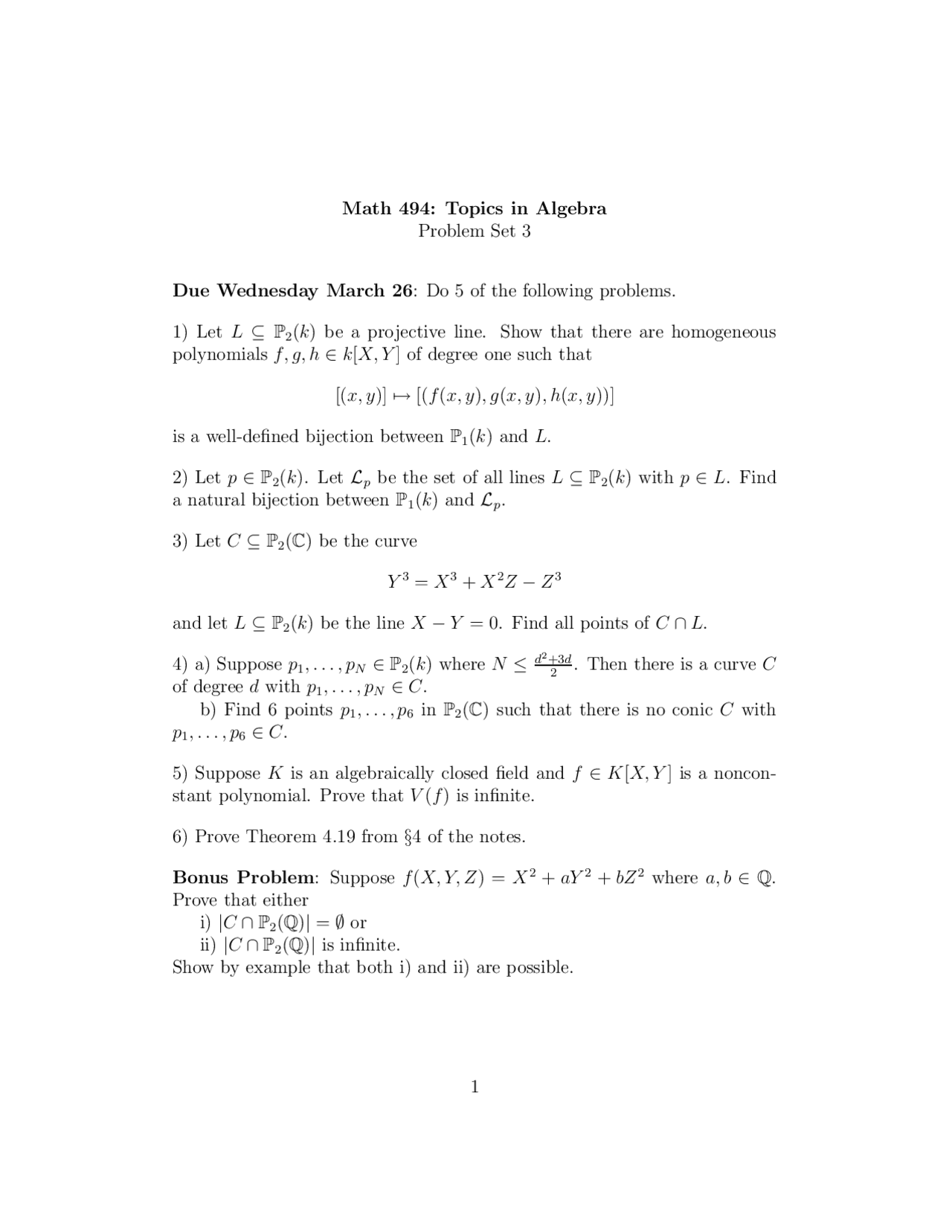 Special Topics In Mathematics Problem Set 3 Math 494 Docsity