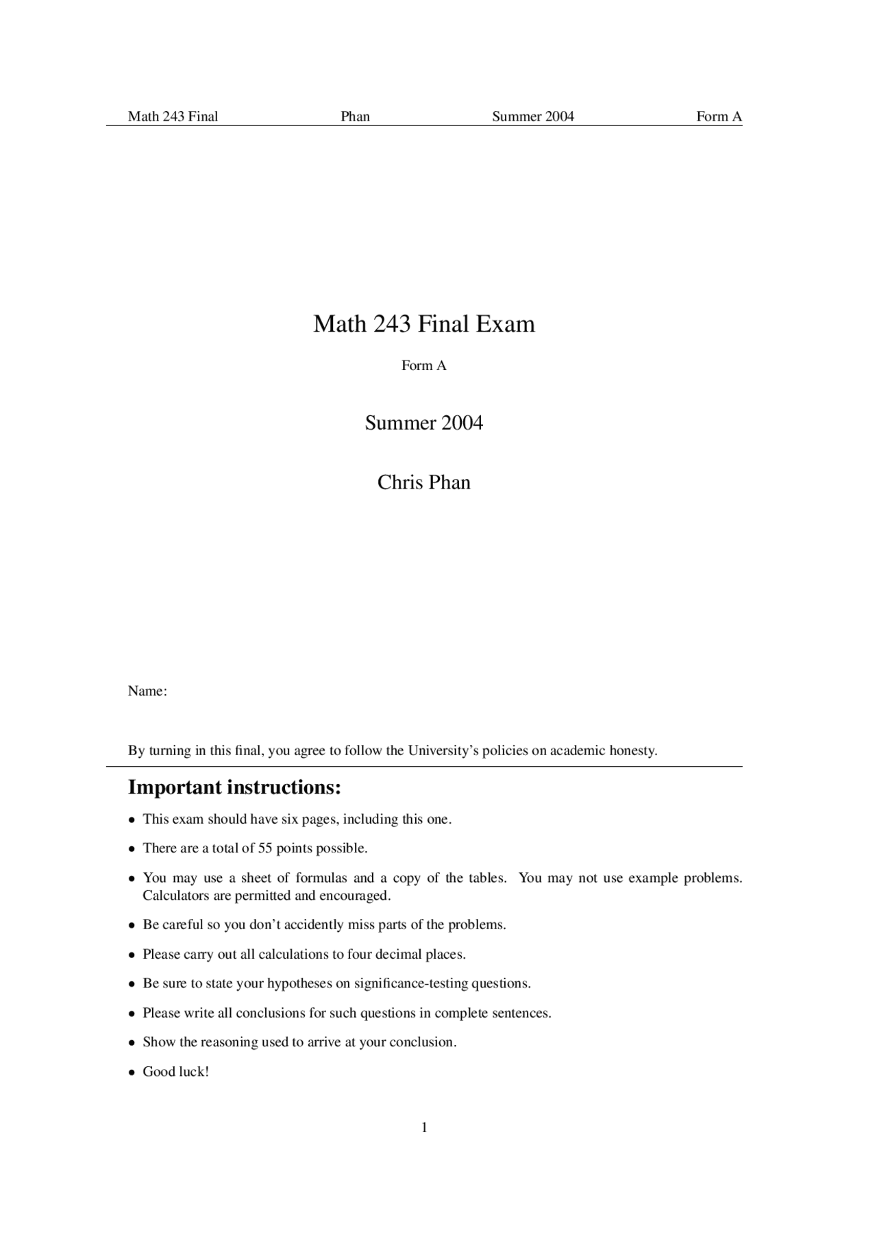 Introduction to Methods of Probability and Statistics Final Exam | MATH 243 - Docsity