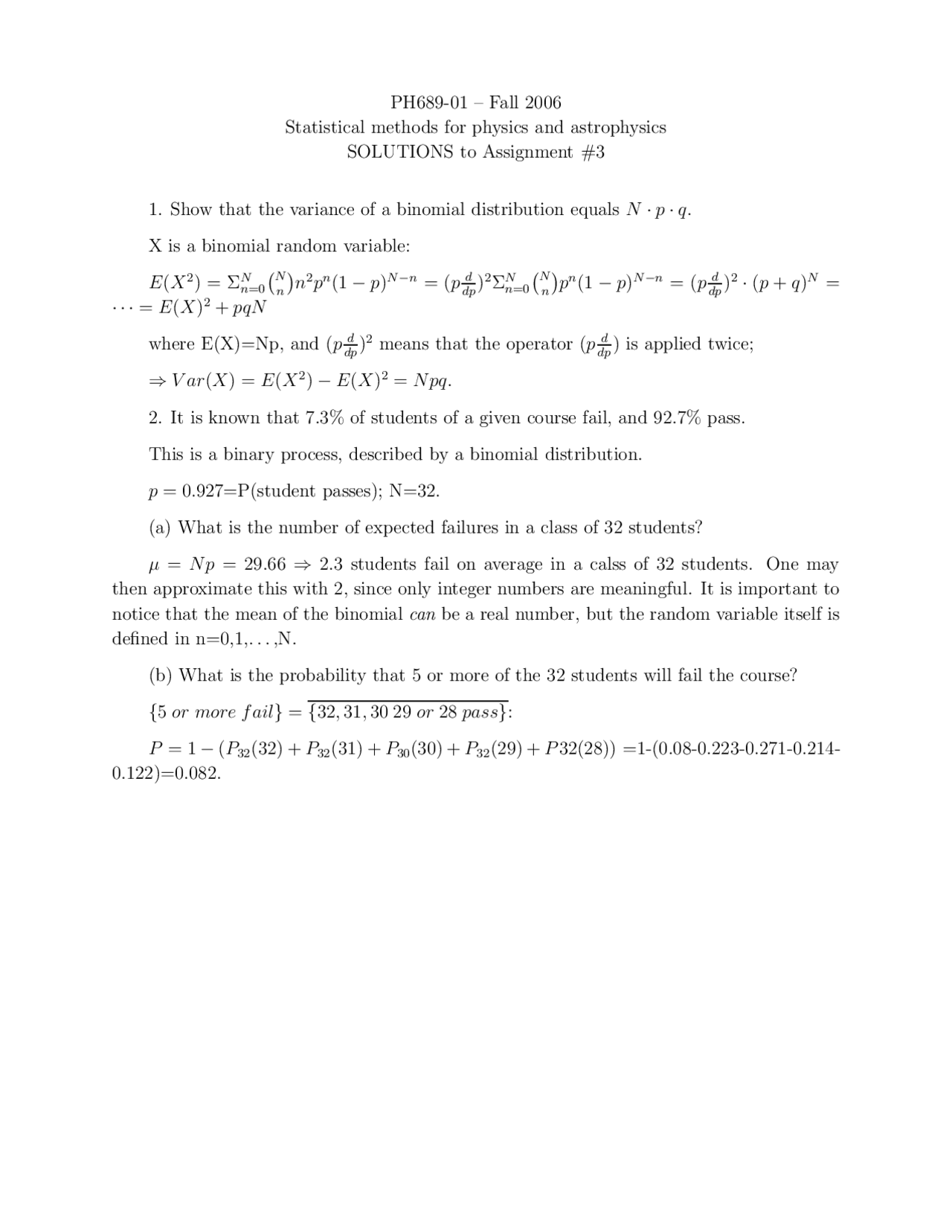 Solutions To Assignment 3 Selected Topics Ph 689 Docsity