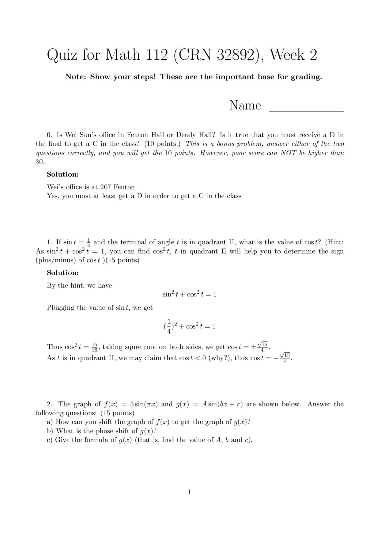 Sample Problems On Elementary Functions Solved Quiz Math 112 Docsity
