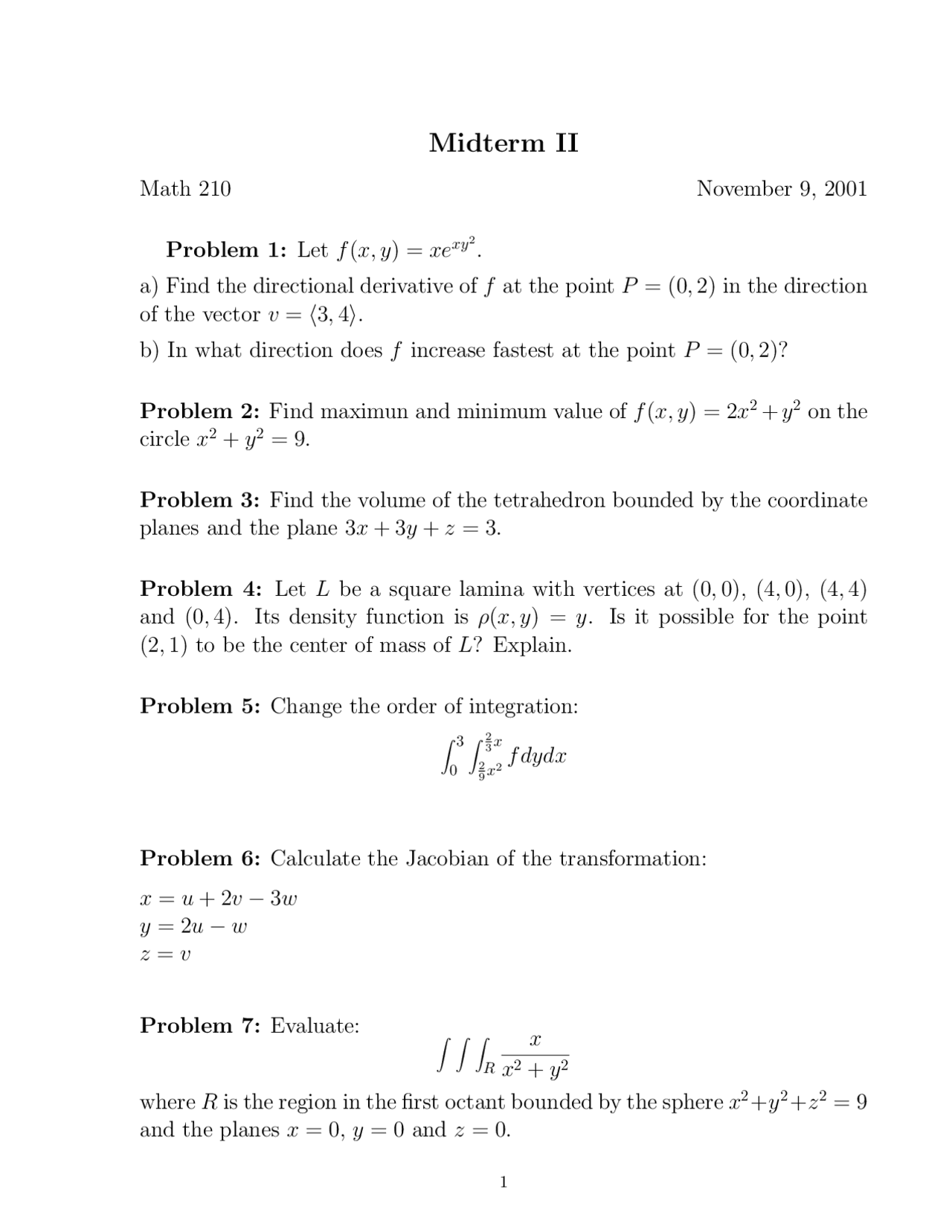 7 Problems On Calculus Iii Midterm Exam 2 Math 210 Docsity