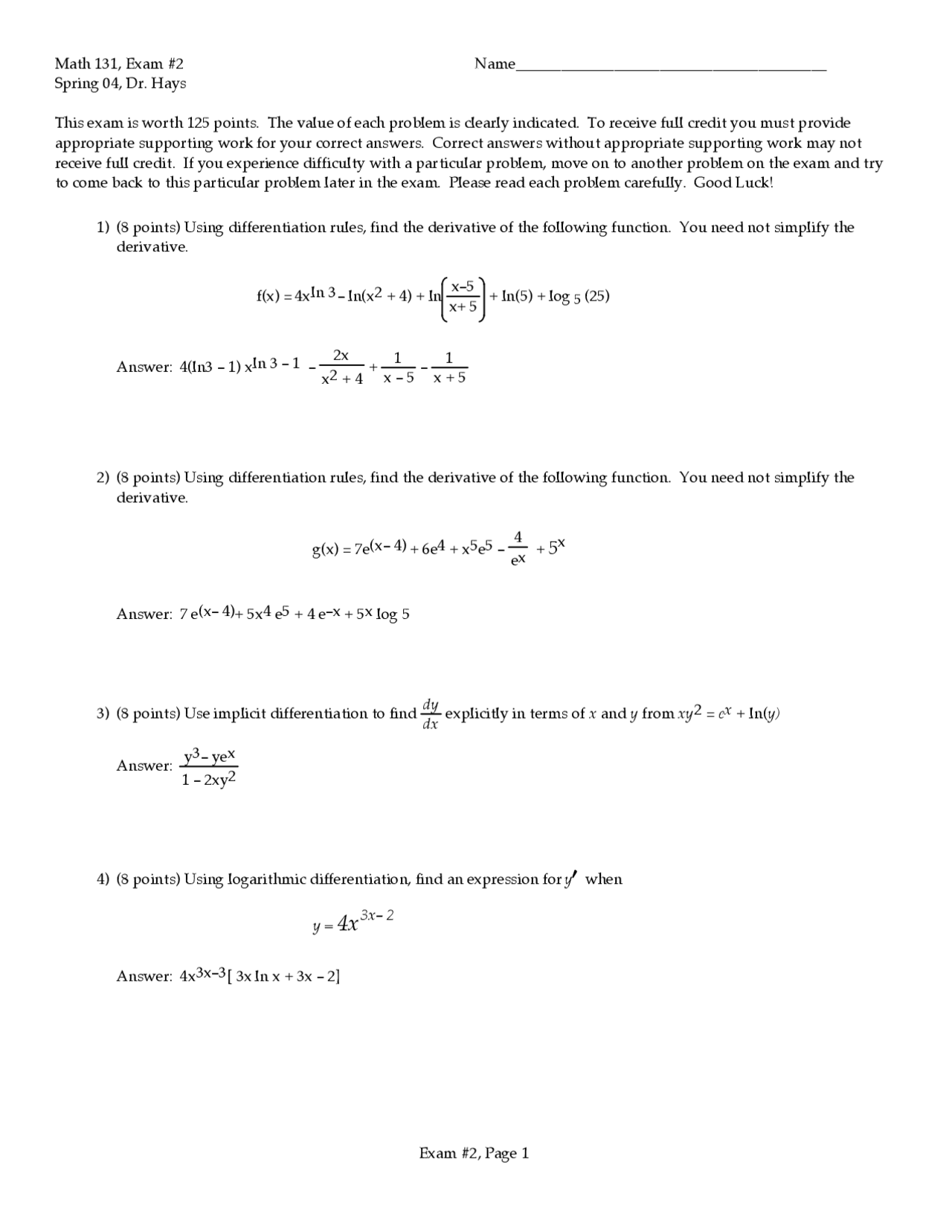 Exam 2 with Answers | Mathematical Analysis for Business II | MATH 131 ...