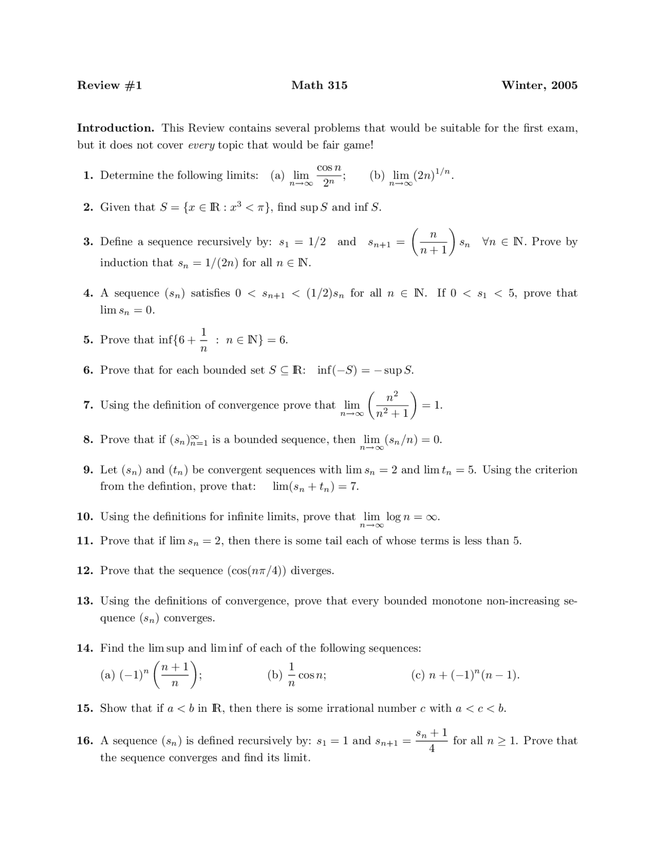 Review for Exam - Elementary Analysis | MATH 315 - Docsity