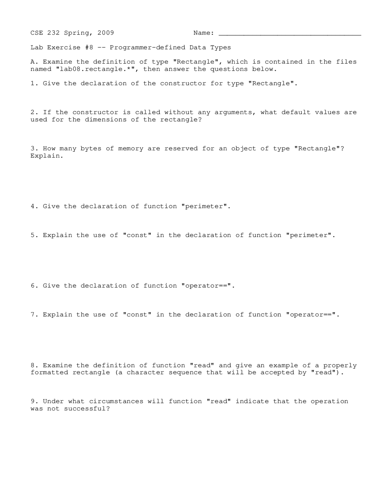 Programmer Defined Data Types Lab Exercise 8 Cse 232 Docsity