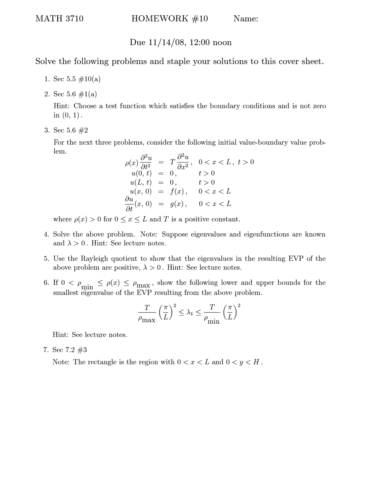 7 Problems In Boundary Value Assignment 10 Math 3710 Docsity