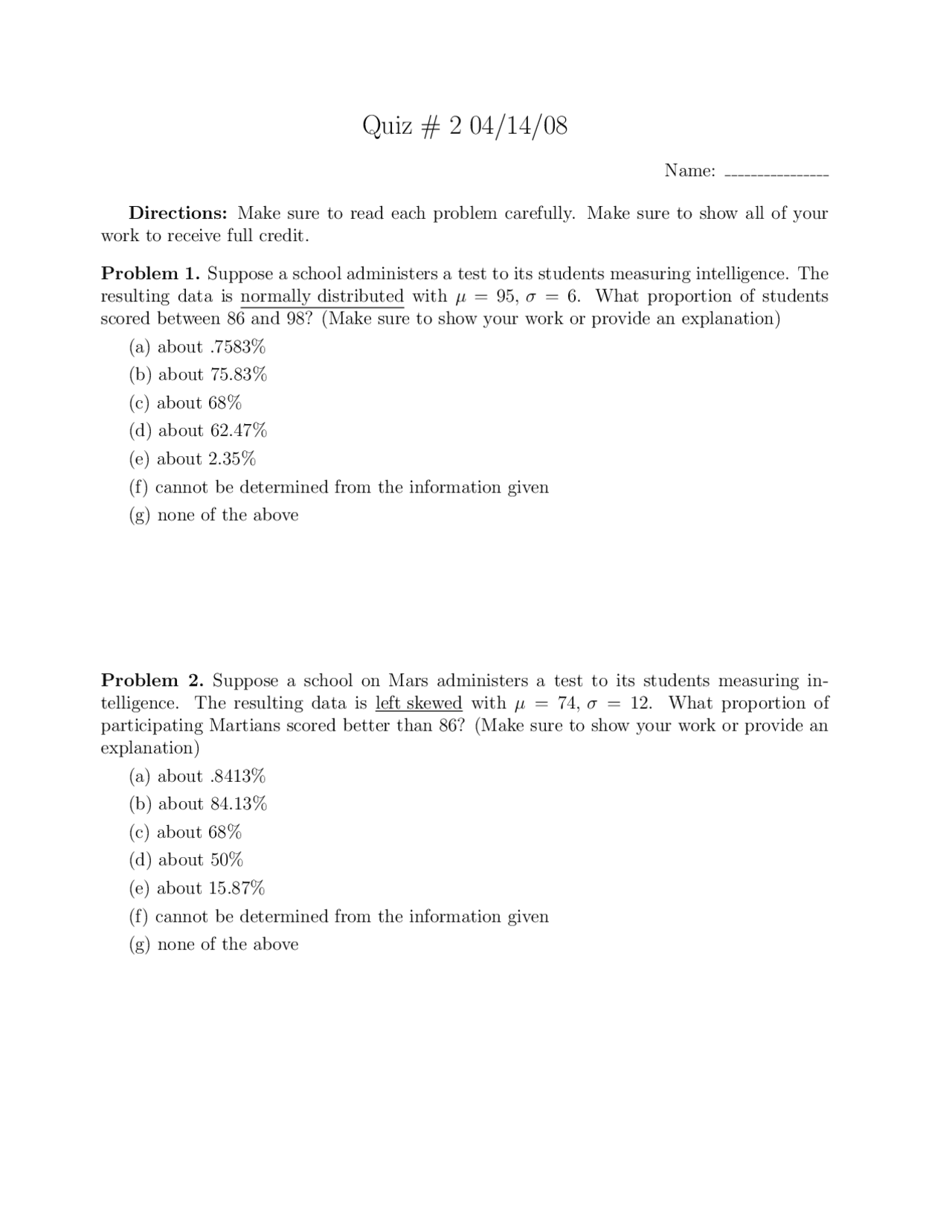 4 Problems for Quiz 2 - Introduction to Methods of Probability and Statistics | MATH 243 ...