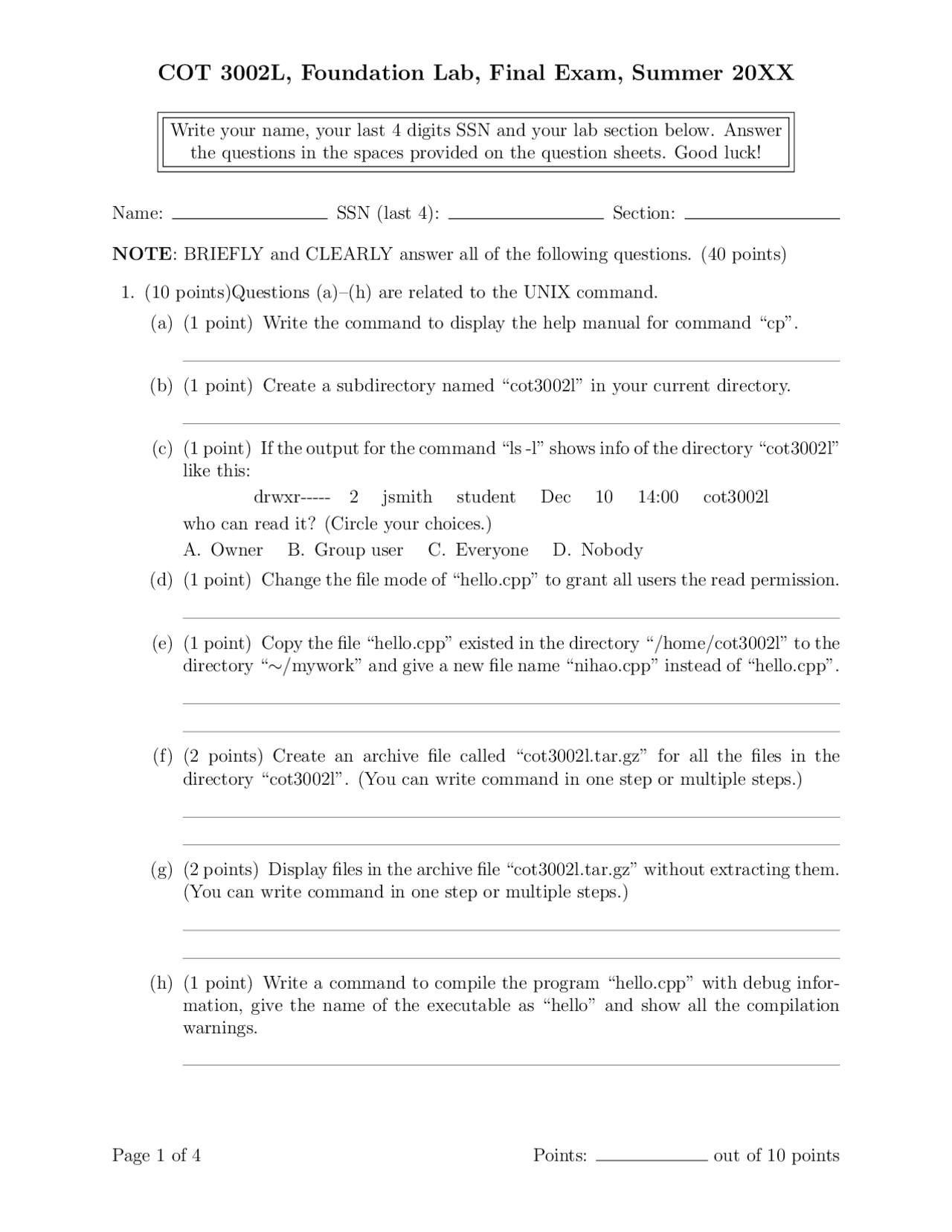 20 Questions Of Foundations Of Computer Science Final Exam Cot 3002