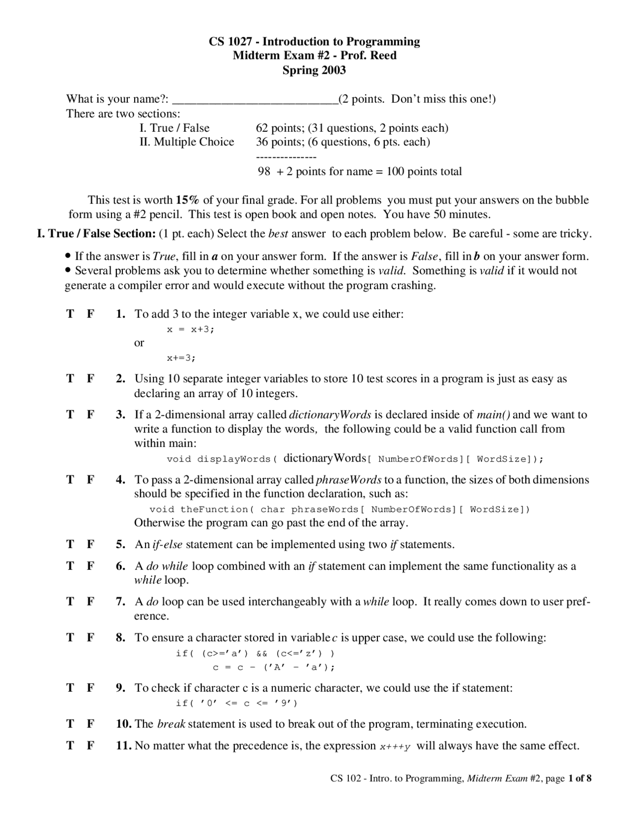 Midterm Exam 2 With Solutions Introduction To Programming Cs 102 Docsity
