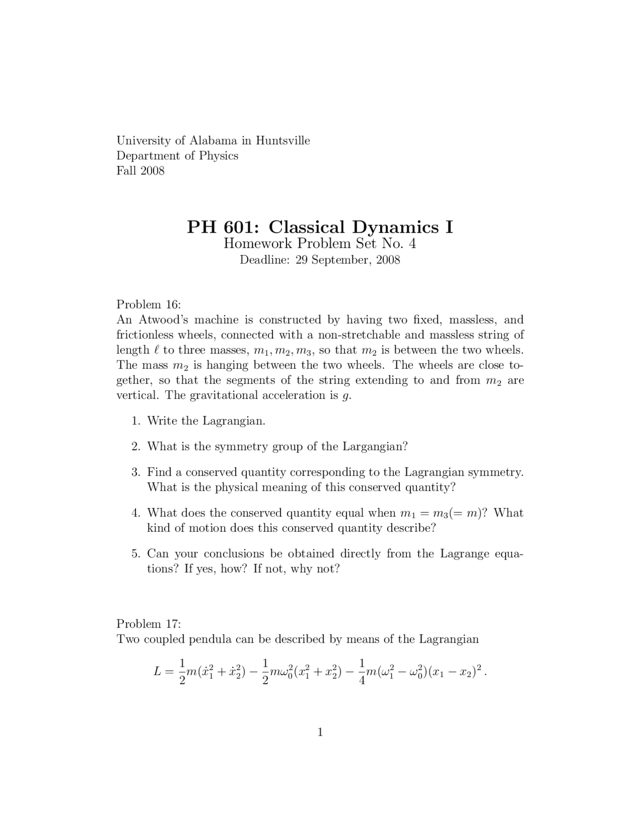 Homework 4 Practice Questions Classical Dynamics I Ph 601 Docsity