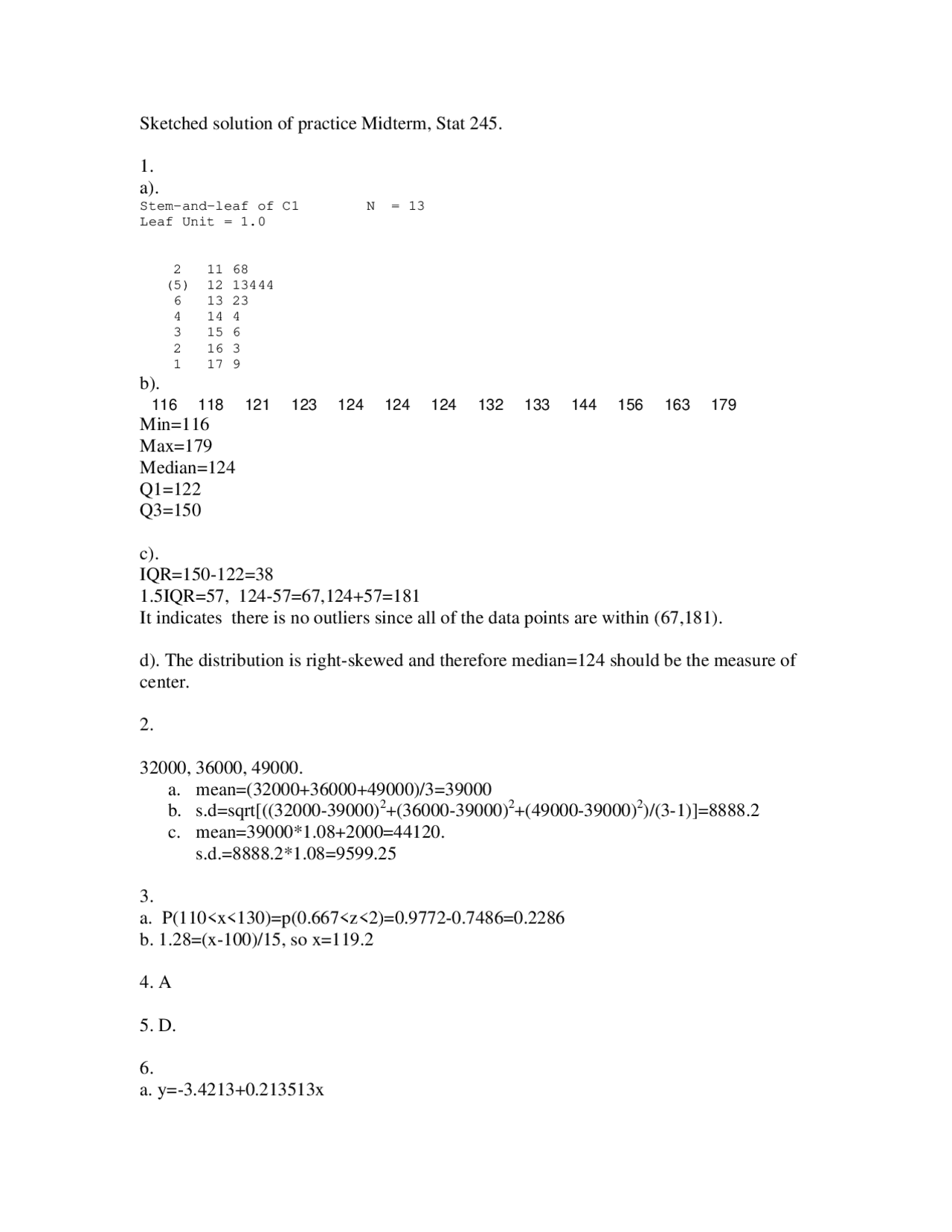 Practice Midterm With Solutions Introduction To Statistical Analysis Stat 245 Docsity