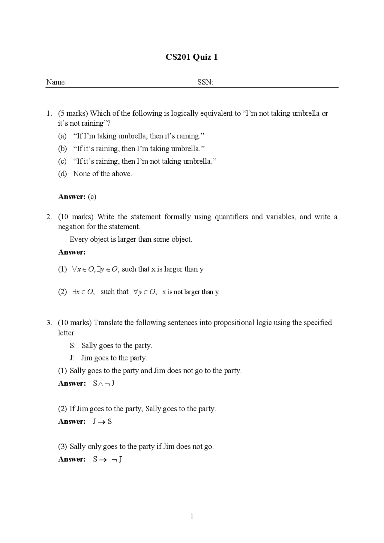 6 Questions On Data Structures And Discrete Mathematics I Quiz 1 Cs 201 Docsity